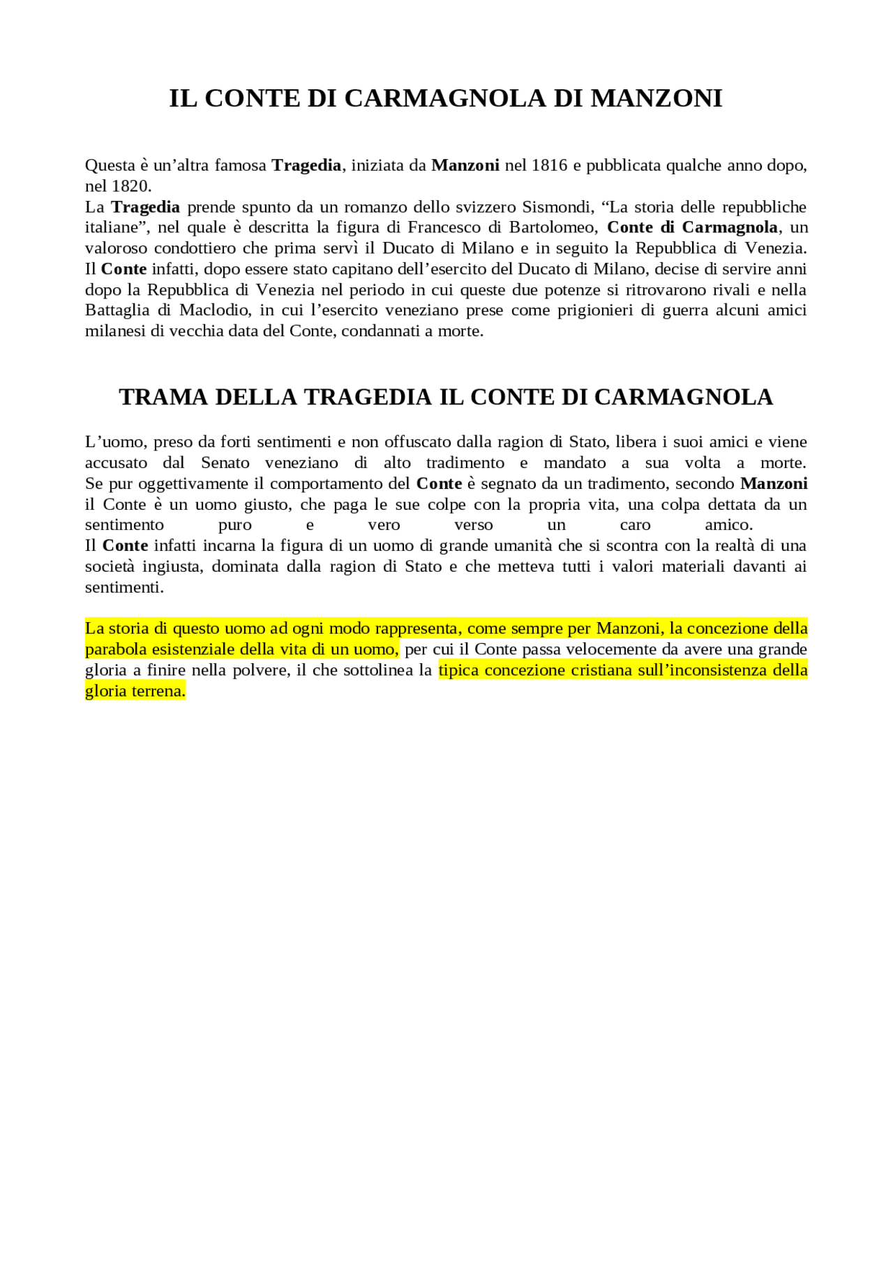 Manzoni Il Conte Di Carmagnola Riassunto Docsity