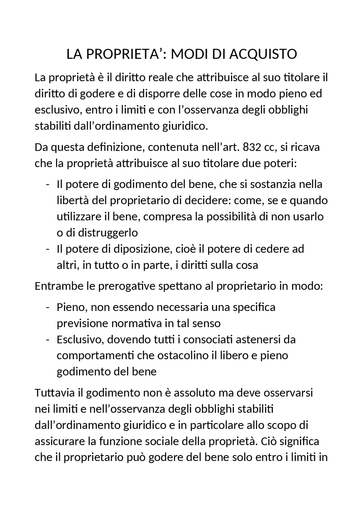 Diritto Privato Appunti Sulla Proprietà Docsity