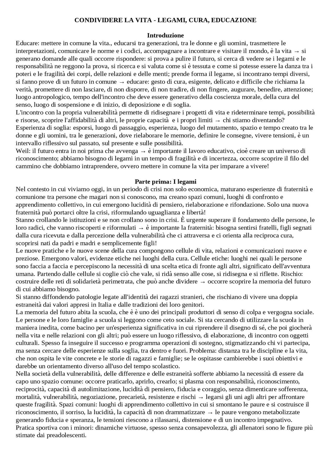 Condividere la vita riassunto - Docsity