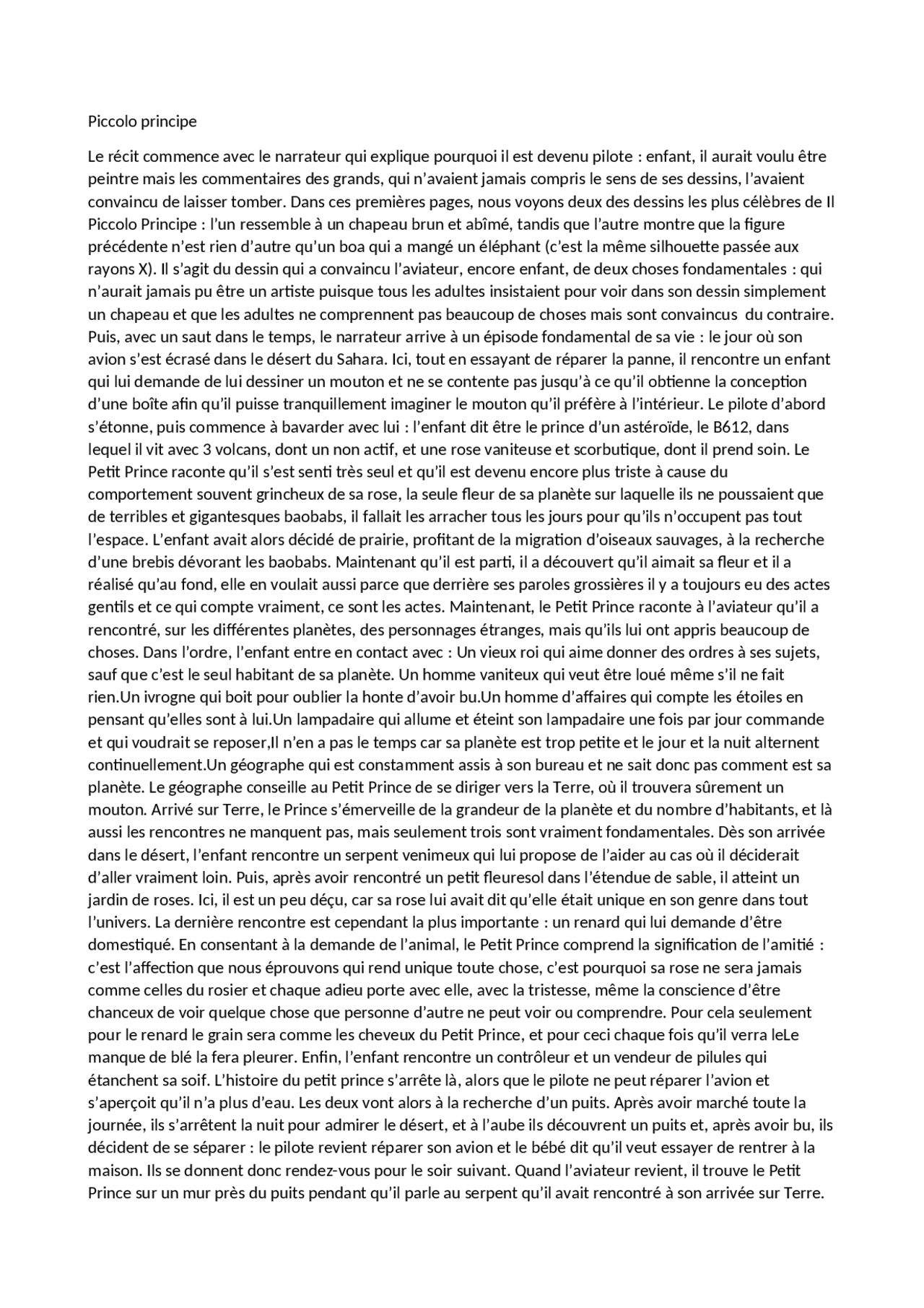 Piccolo Principe Riassunto Breve In Francese Docsity