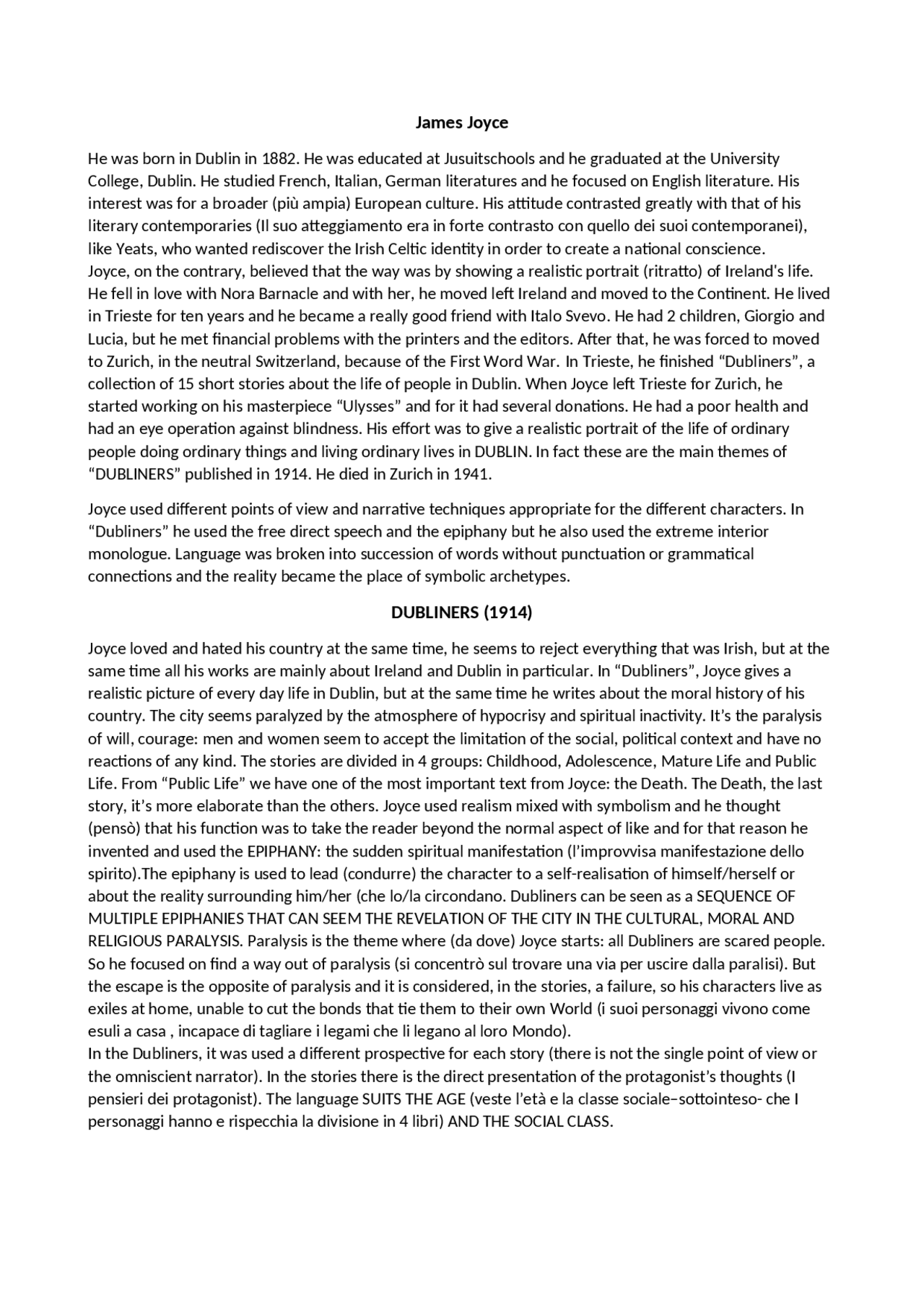 James Joyce NOTES in English | Lecture notes English | Docsity