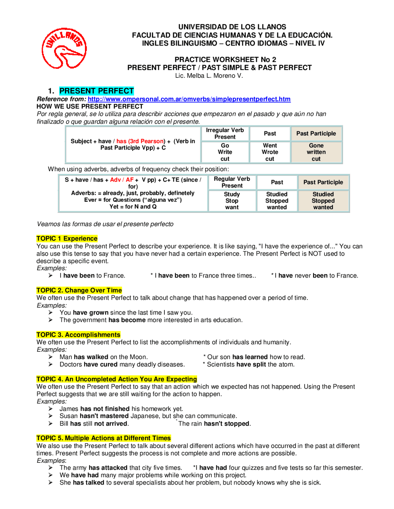 Modulos Ingles Primer Semestre Docsity