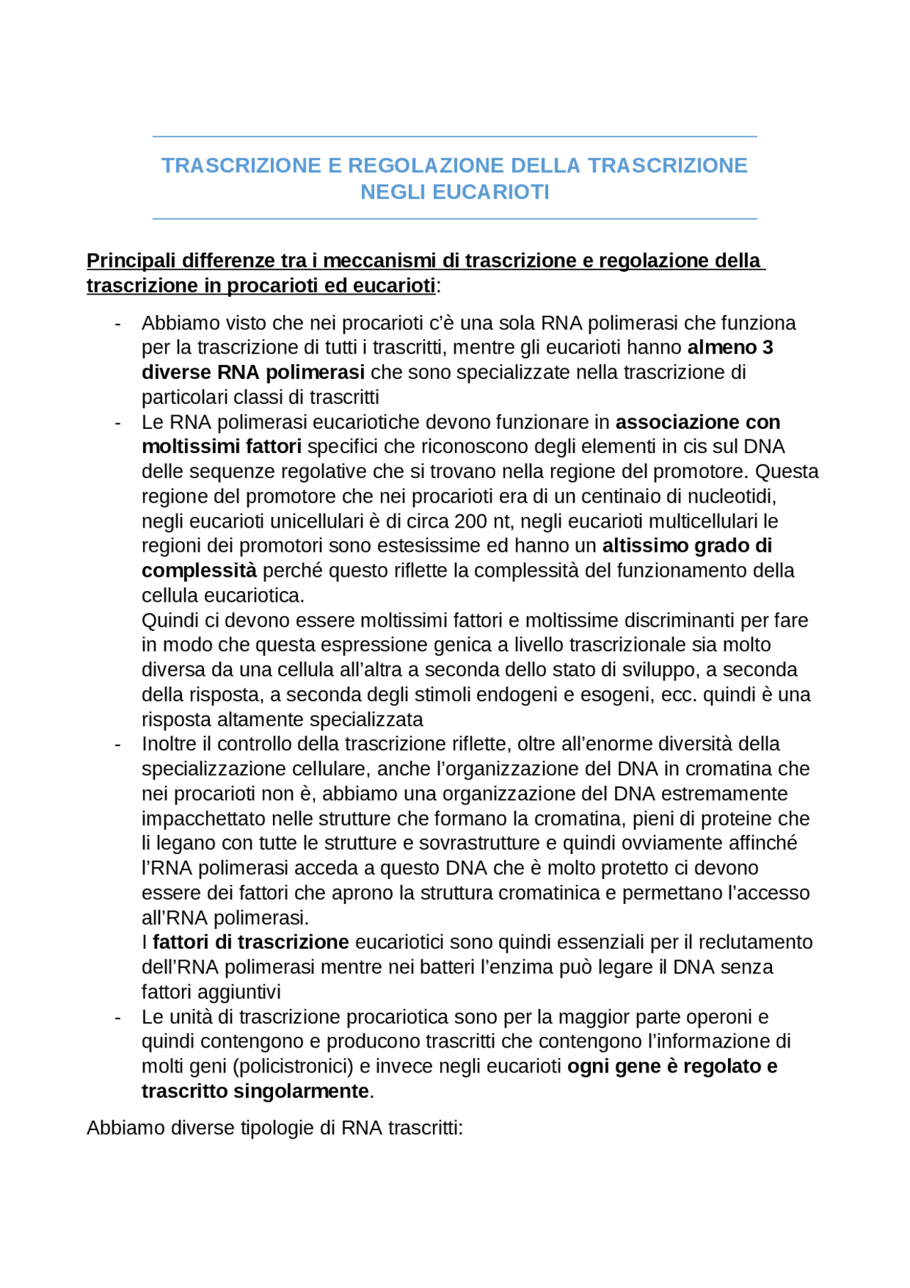 Trascrizione Negli Eucarioti E Regolazione Docsity
