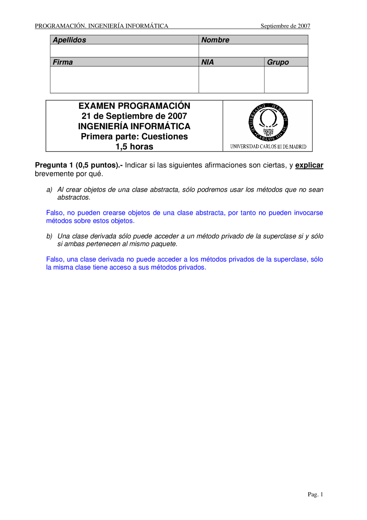 Solución examen programación 21 de septiembre 2007 | Exámenes de ...