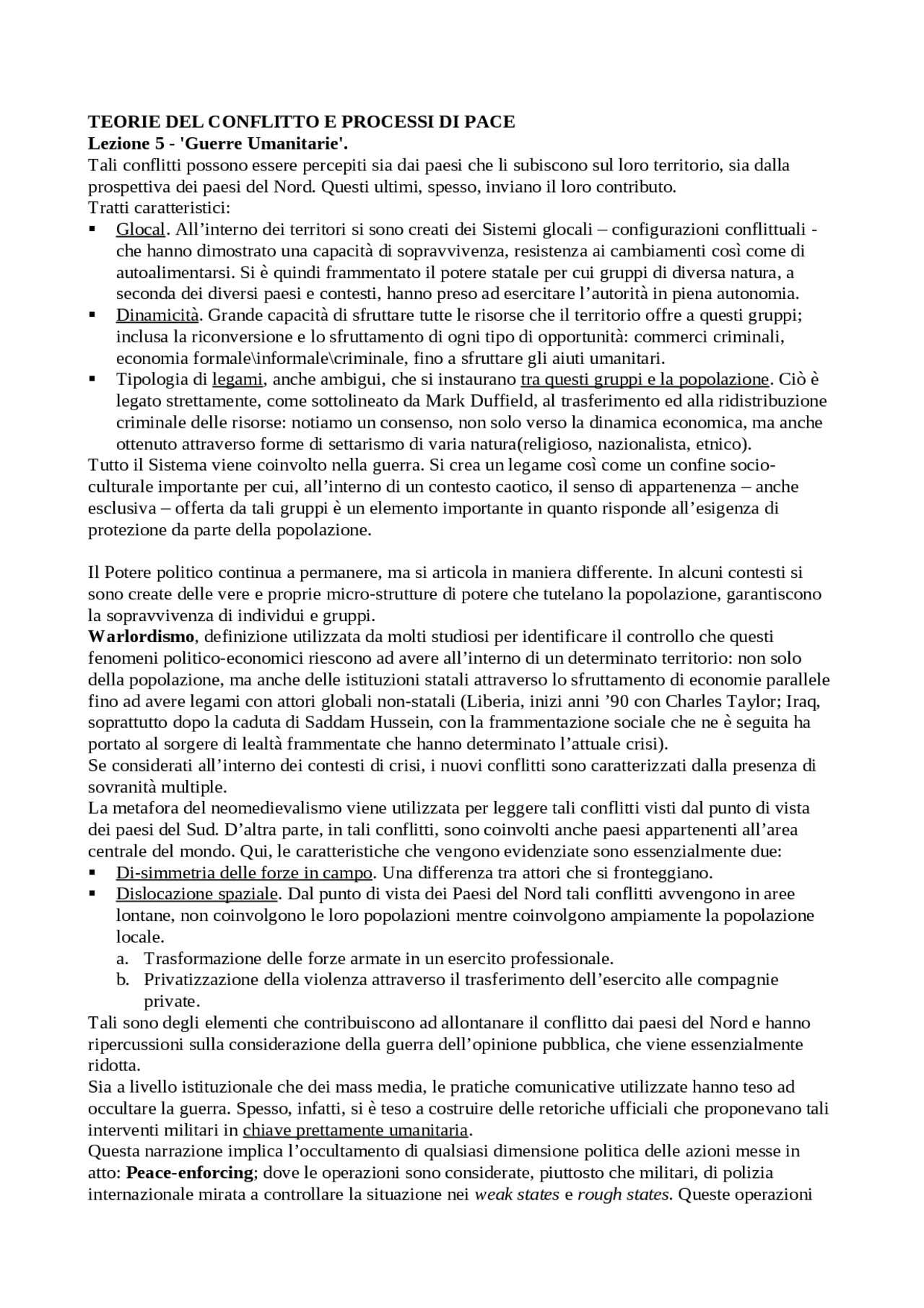 V Lezione Teorie Dei Conflitti E Processi Di Pace Docsity
