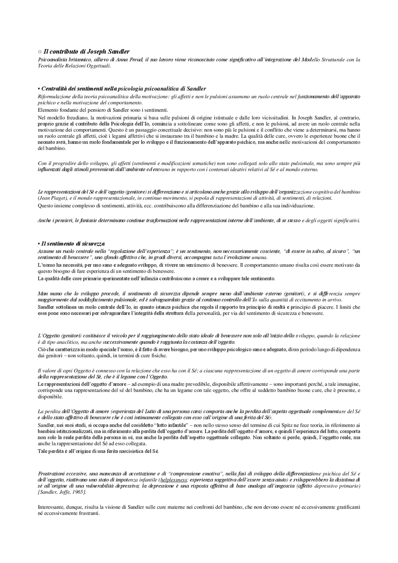 Joseph Sandler e il mondo rappresentazionale - Docsity