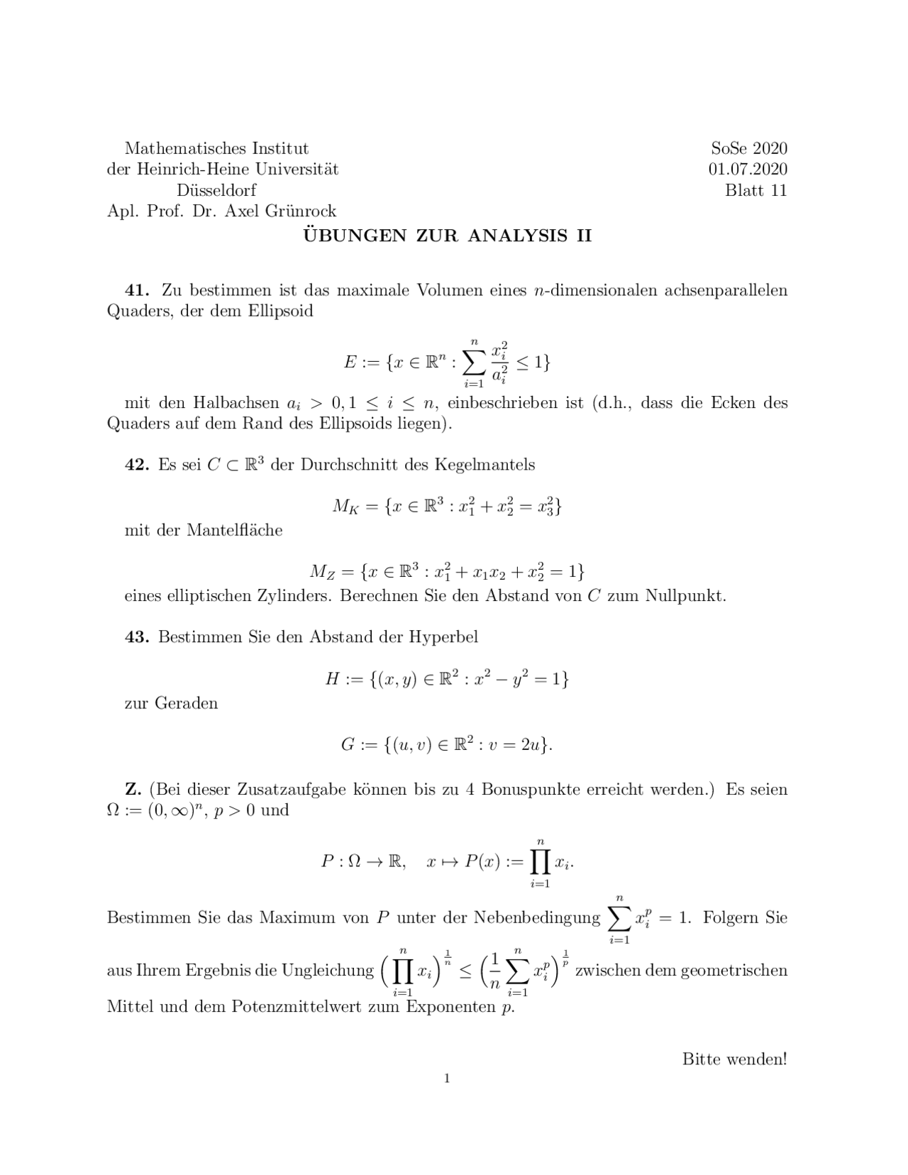 Übung ANALYSIS II SoSe 2020 Prof. Grünrock Blatt 11 - Docsity