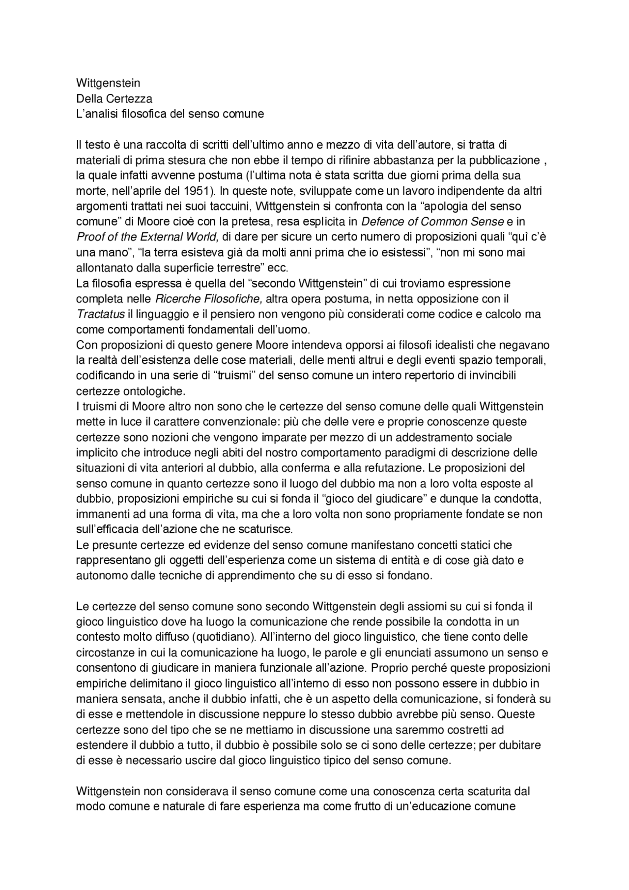 L Wittgenstein Della Certezza Sintesi Docsity
