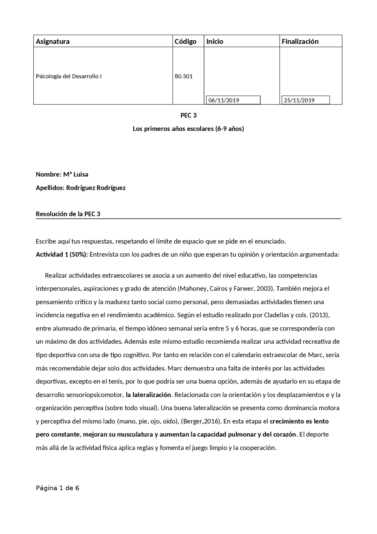 Pec 3 PsicologÍa Del Desarrollo I Nota A Docsity