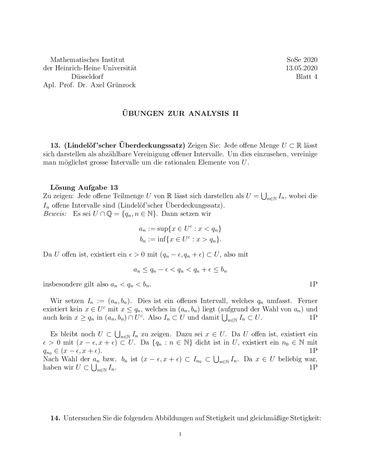 Übung ANALYSIS II SoSe 2020 Prof. Grünrock Blatt 4 - LÖSUNG - Docsity