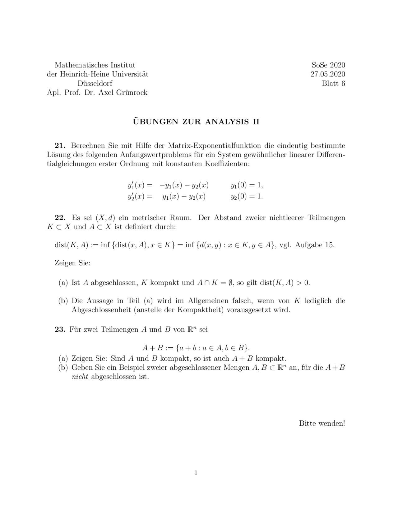 Übung ANALYSIS II SoSe 2020 Prof. Grünrock Blatt 6 - Docsity