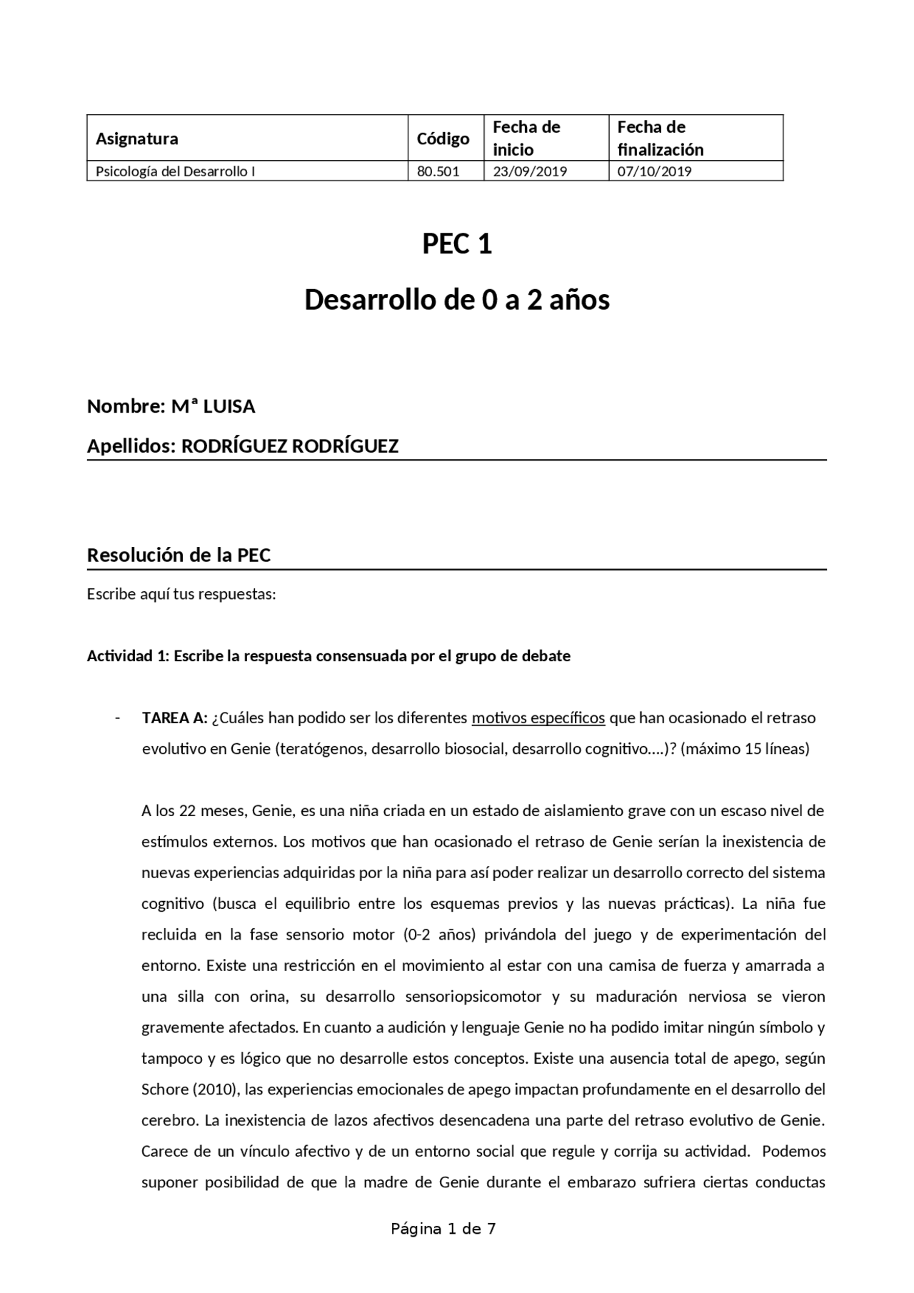 Pec 1 PsicologÍa Del Desarrollo I Nota A Docsity