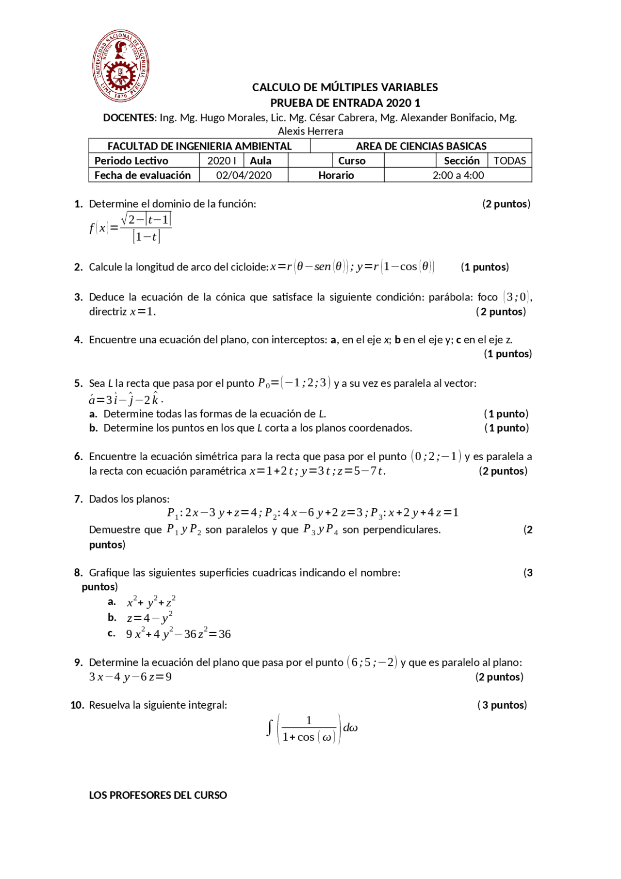 Pe 20201 Calculo De MÚltiples Variables Docsity