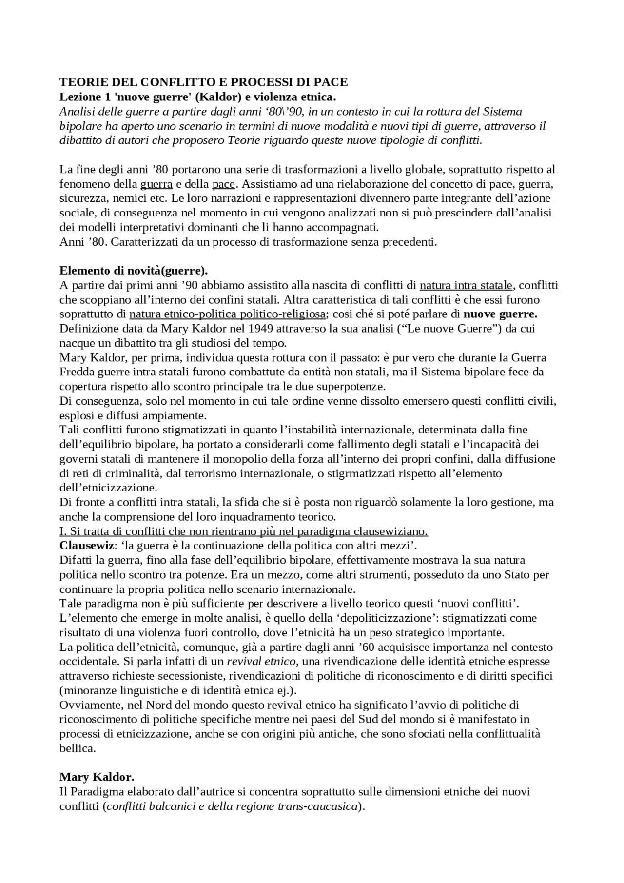 I Lezione Teorie Dei Conflitti E Processi Di Pace Docsity