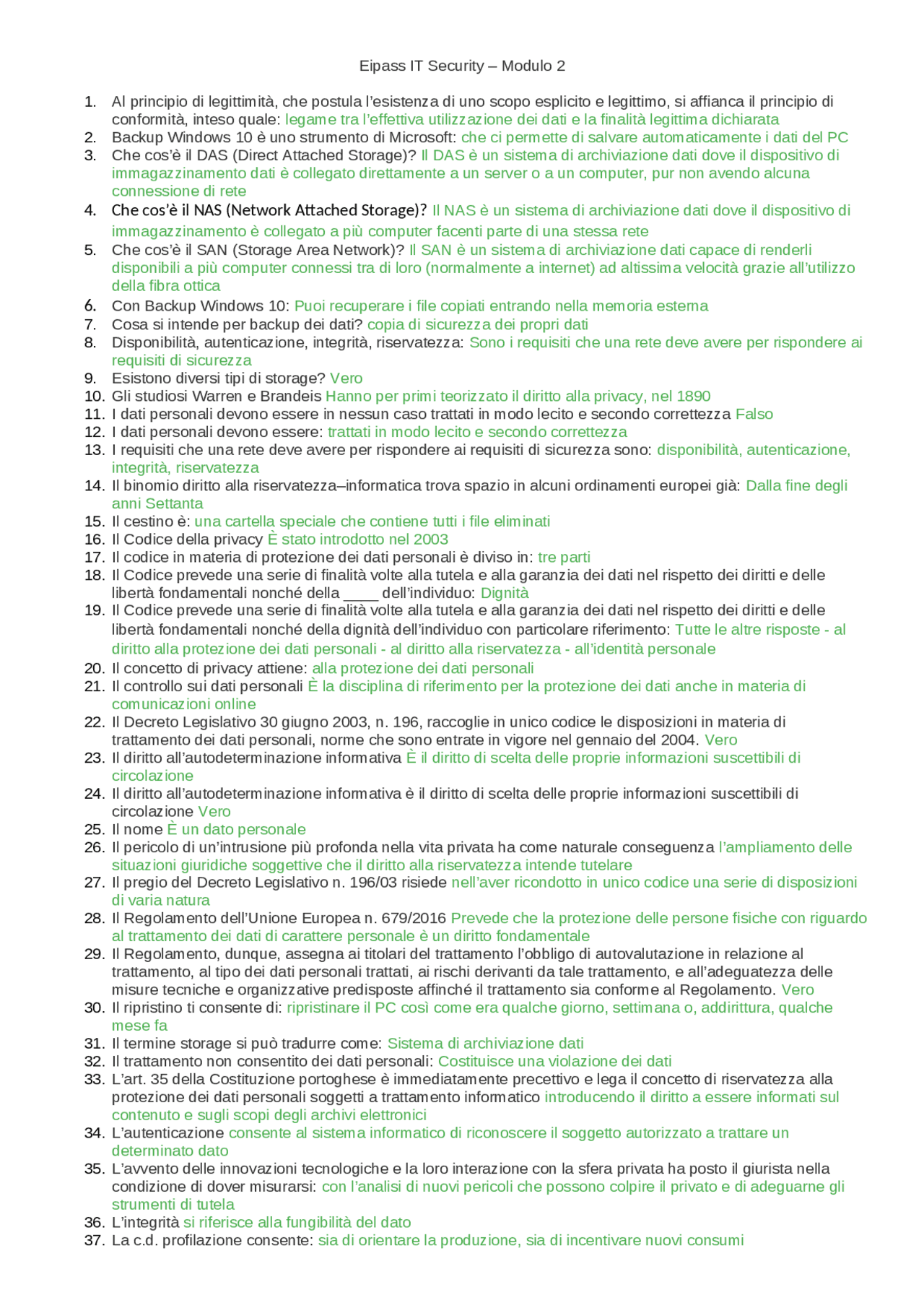 Risposte Esatte Corso Eispass It Security Modulo 2 Privacy Prove D