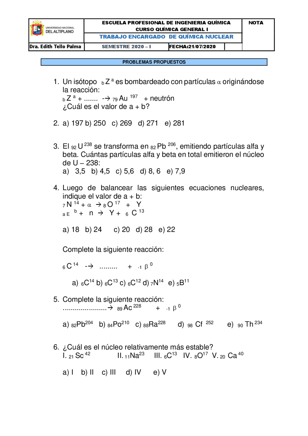 Ejercicios de Química Nuclear - Docsity