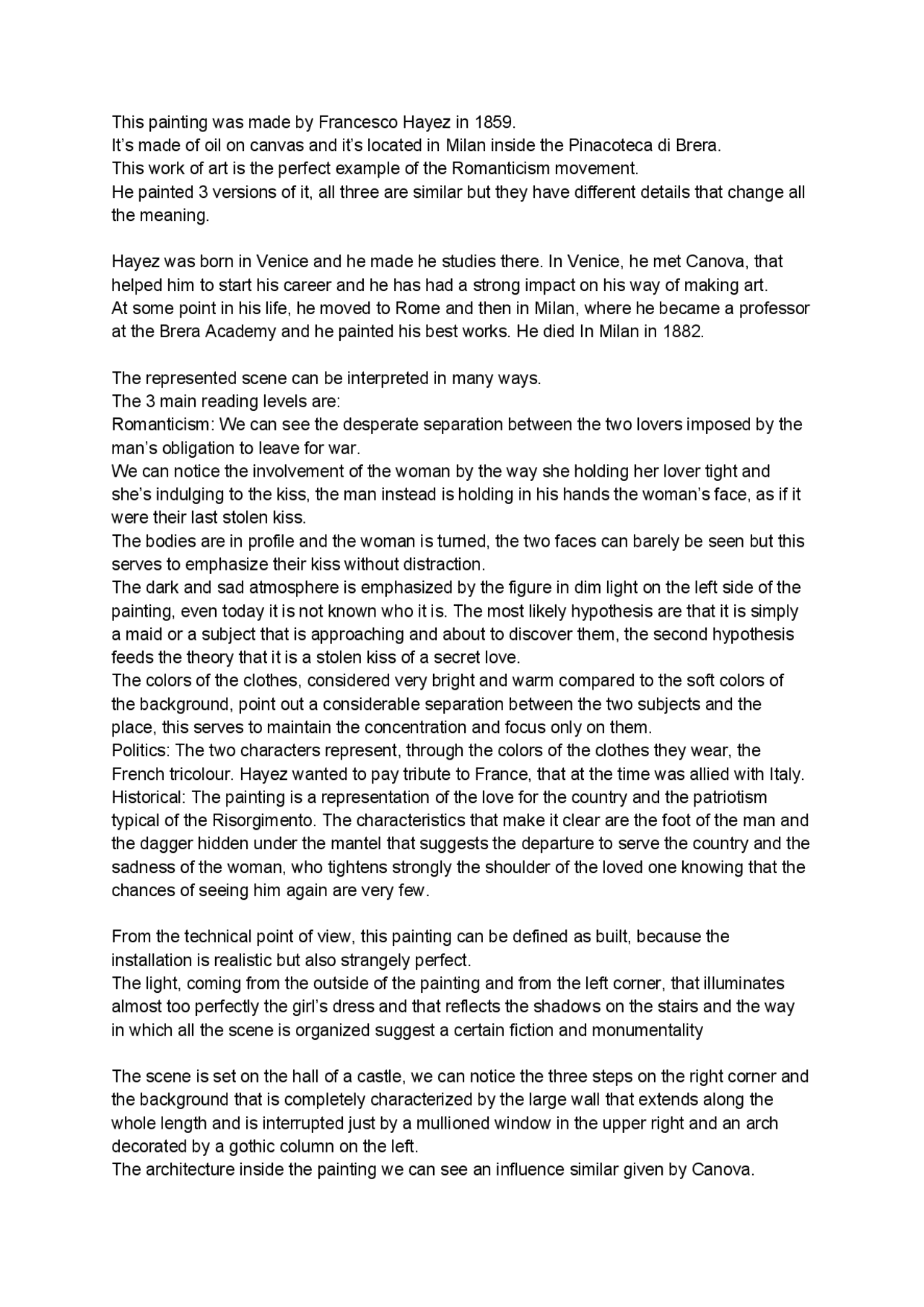 Analisi dell'opera "Il Bacio" di Francesco Hayez in inglese - Docsity