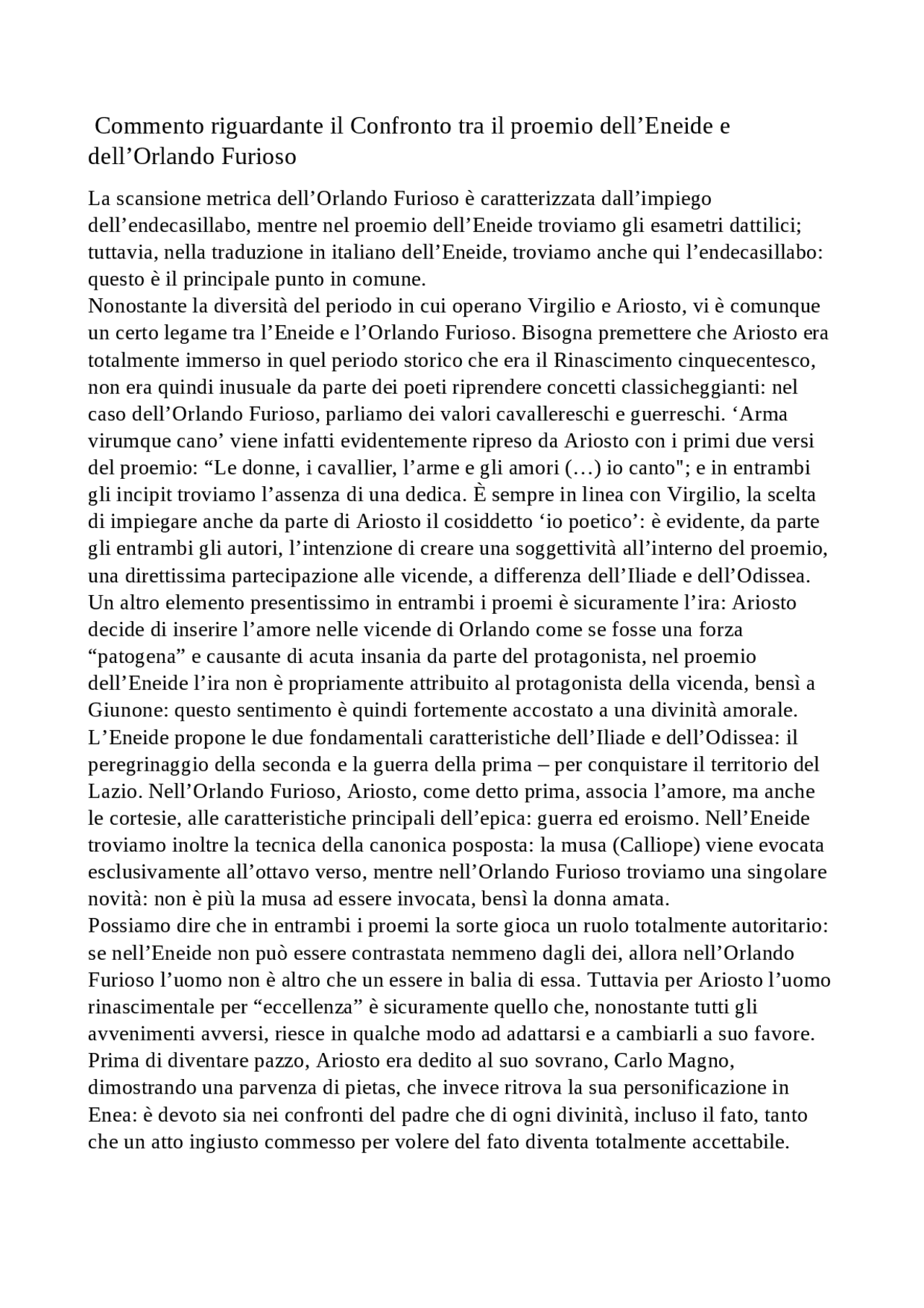 Confronto tra il proemio dell'Eneide e quello dell'Orlando Furioso - Docsity