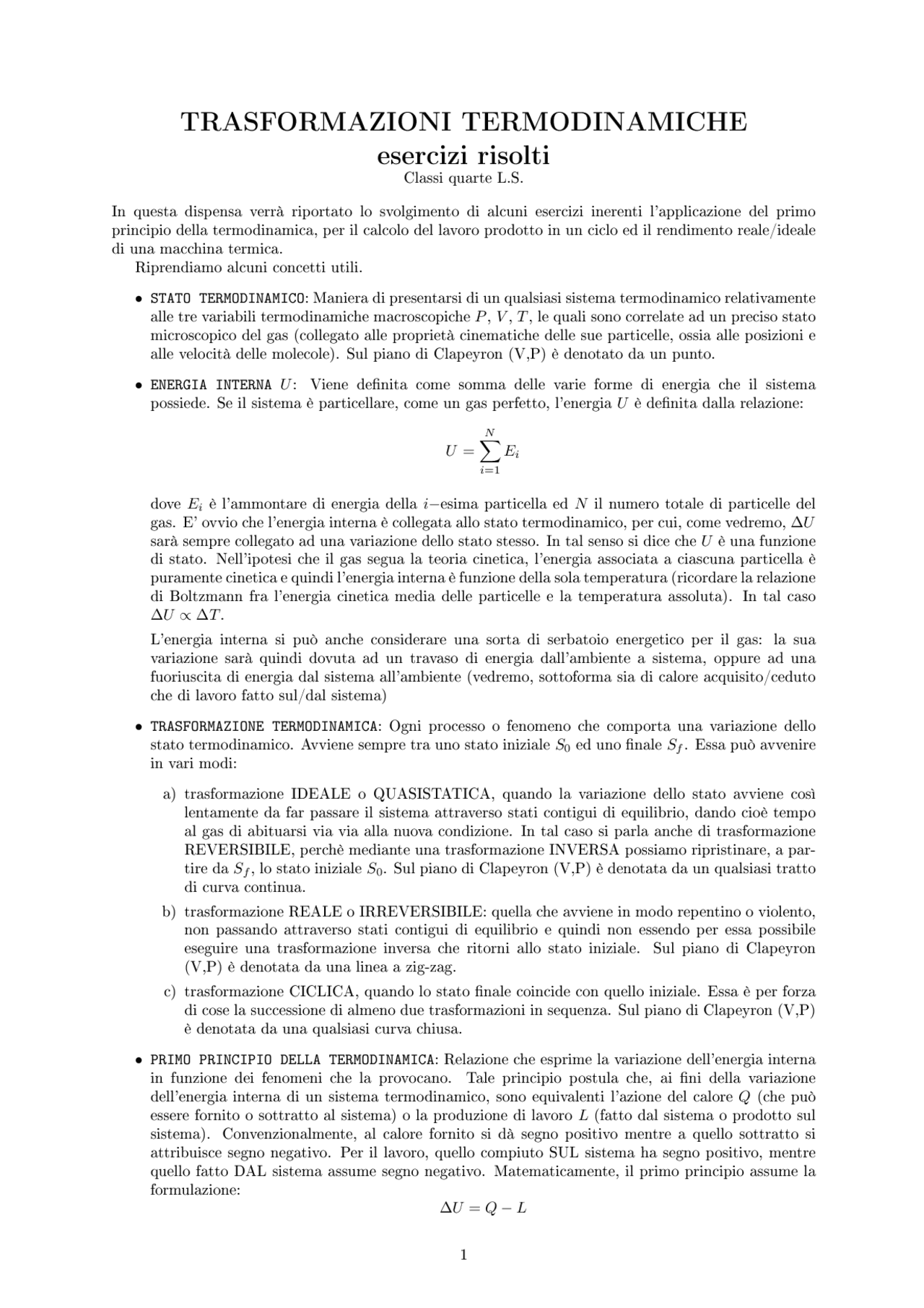 ESERCIZI DI TERMODINAMICA | Esercizi di Fisica | Docsity