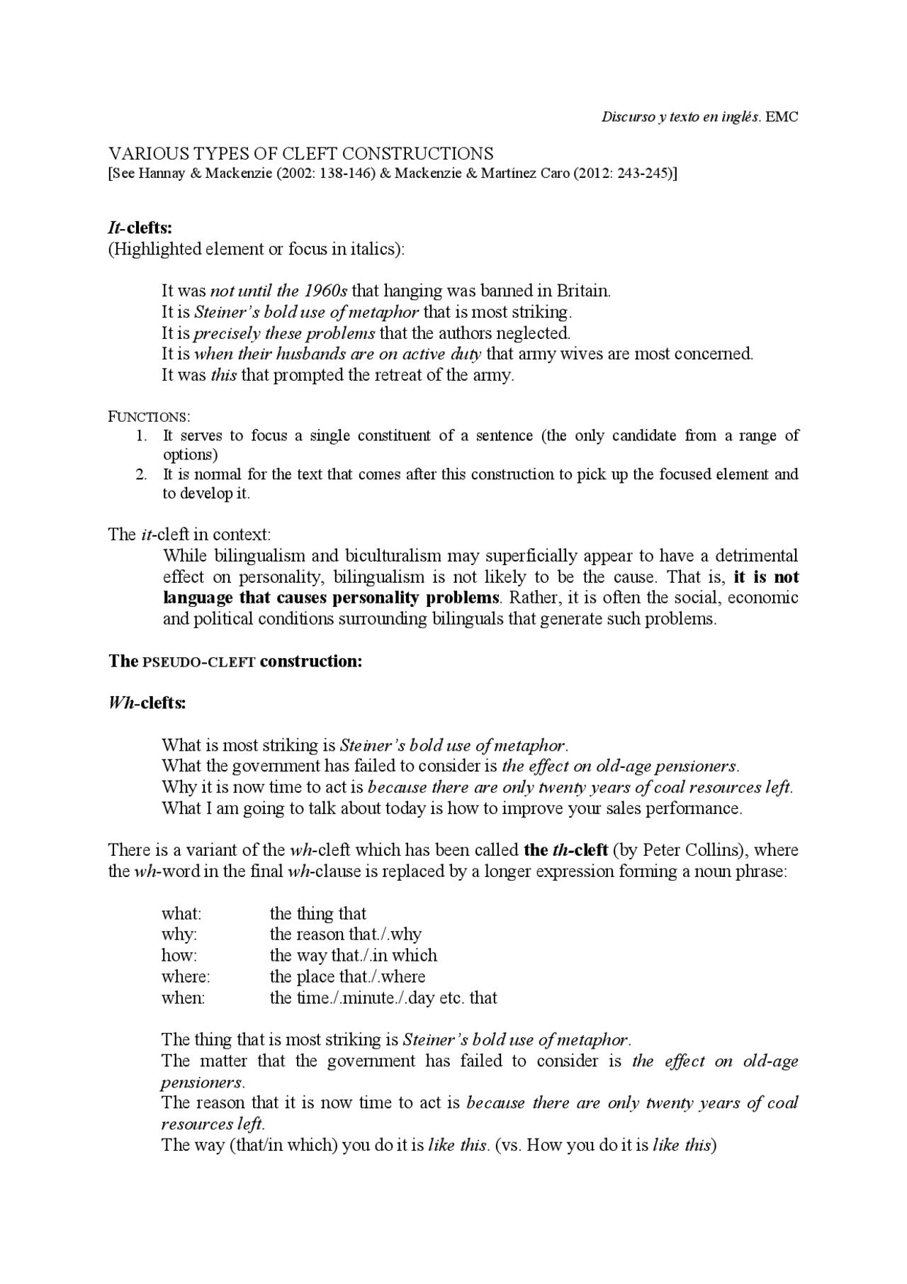 Cleft constructions Discurso y Texto en Inglés - Docsity