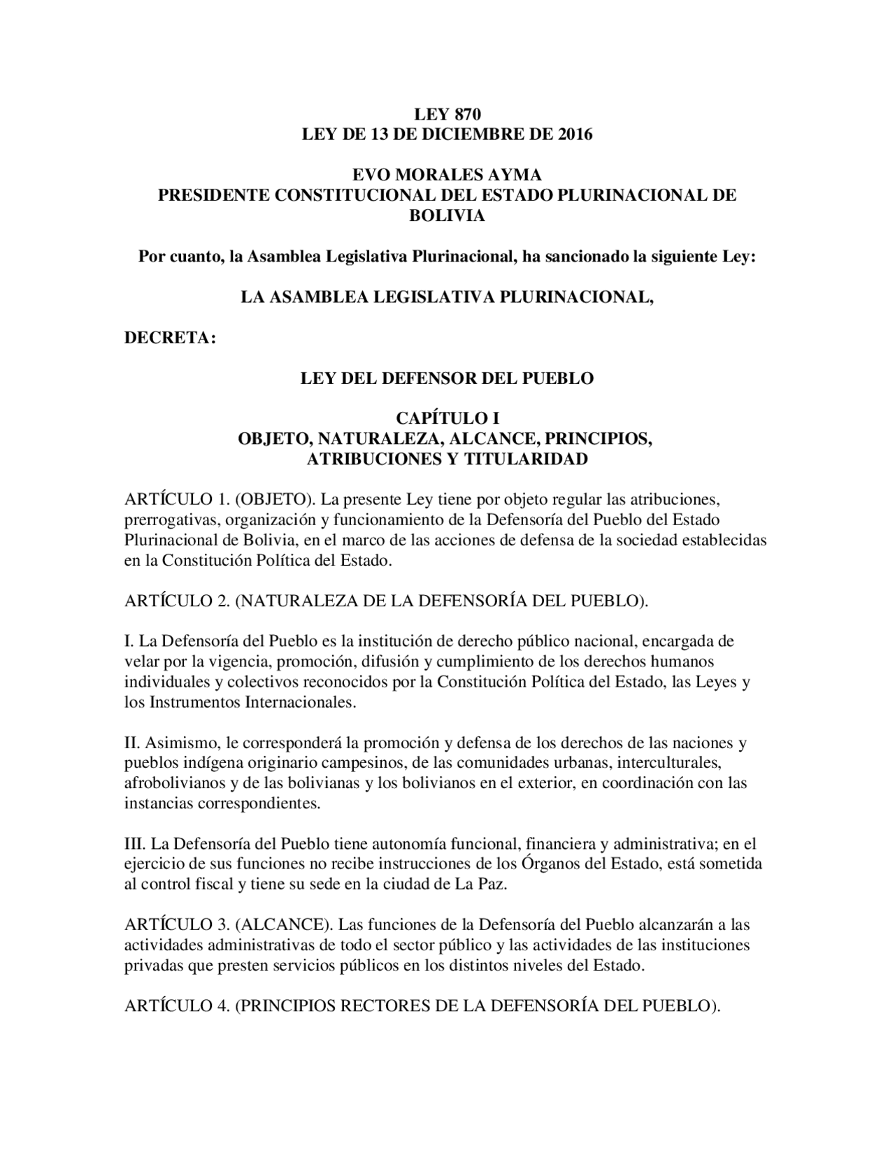 LEY 870 BOLIVIA - LEY DEL DEFENSOR DEL PUEBLO | Apuntes de ...