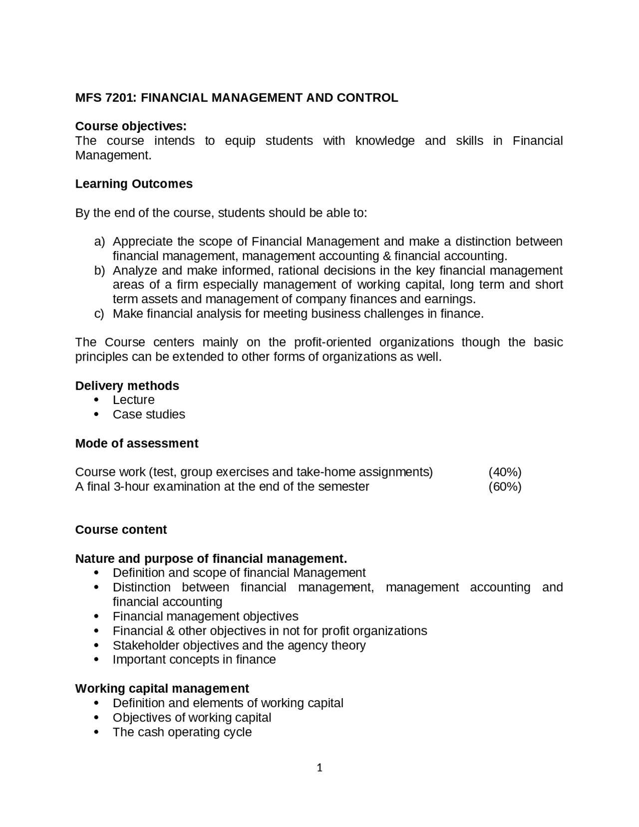 Financial Management And Control Docsity