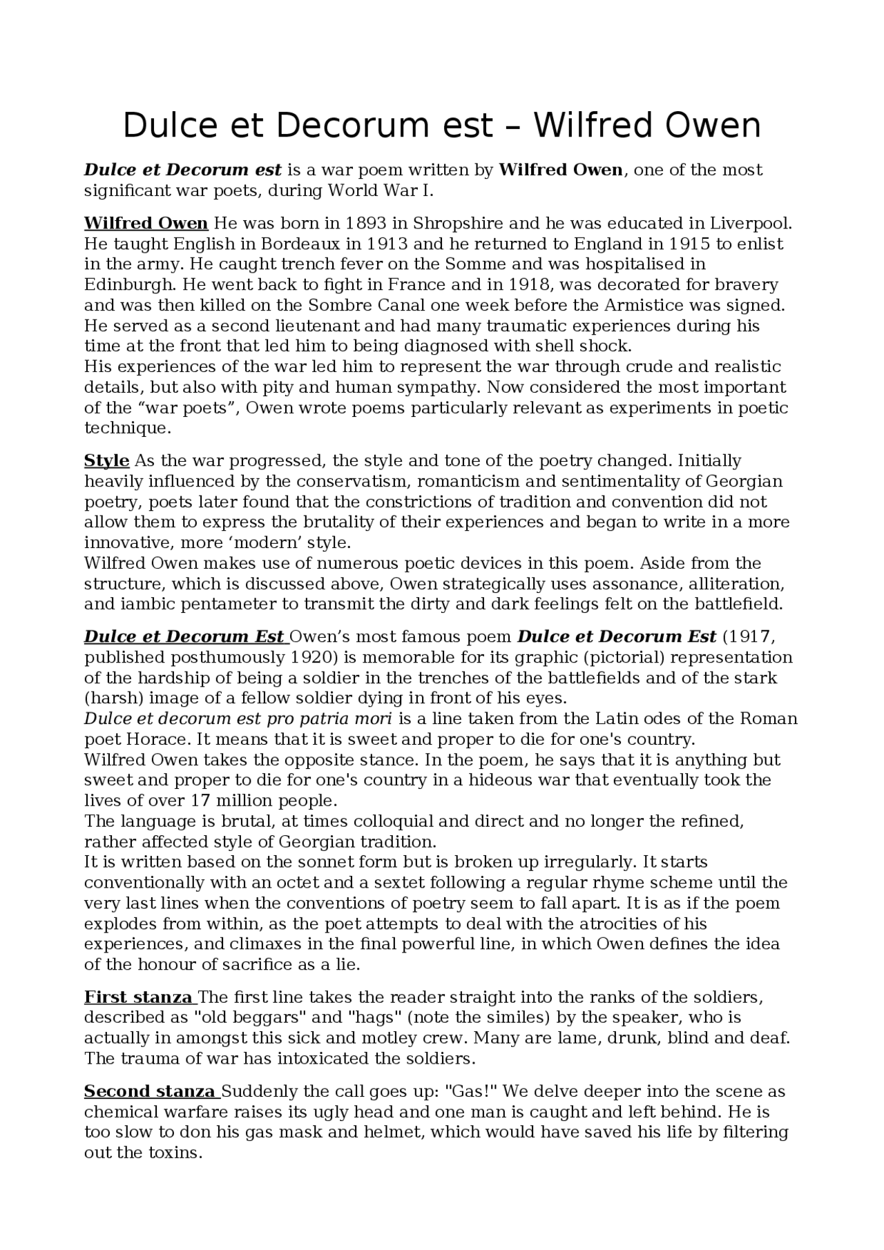 Wilfred Owen, Dulce et Decorum est - Riassunto inglese - Docsity