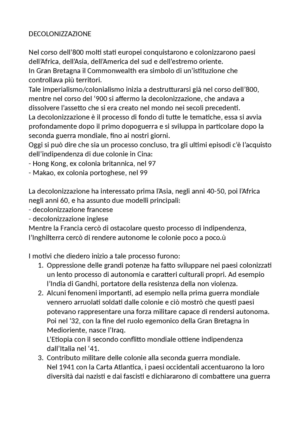 Il Processo Di Decolonizzazione Docsity