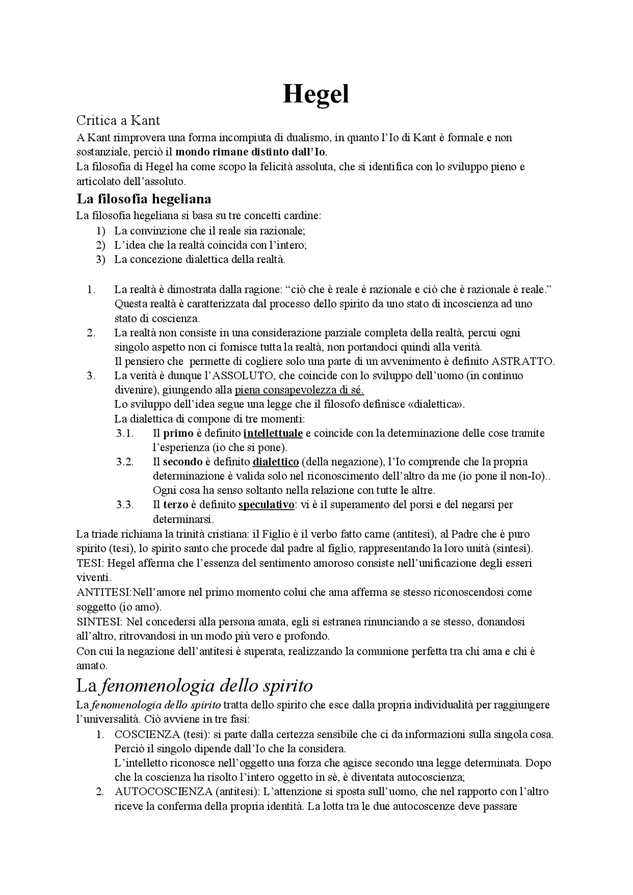 La filosofia di Hegel - Docsity