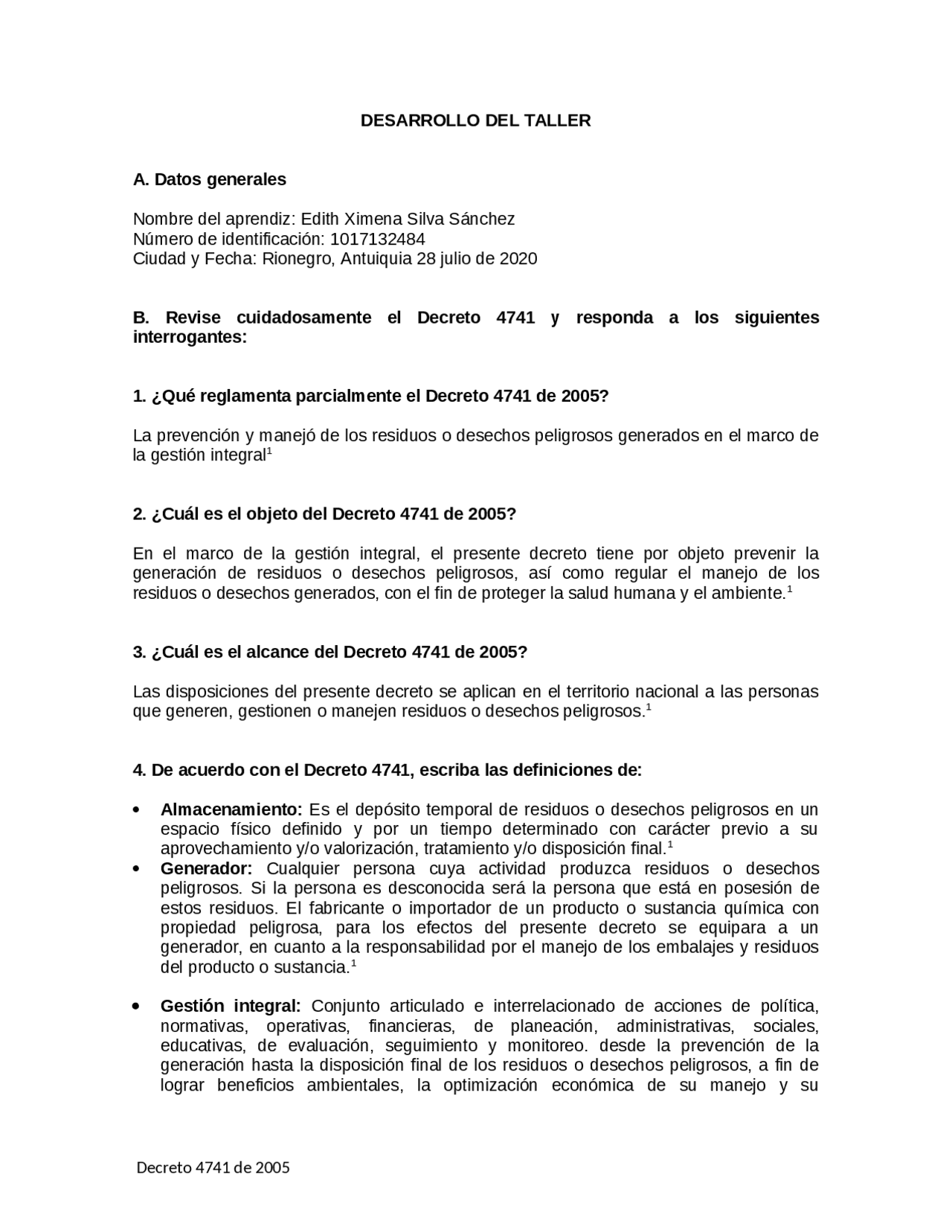 TALLER DECRETO 4741 de 2005 | Ejercicios de Ingeniería Ambiental - Docsity
