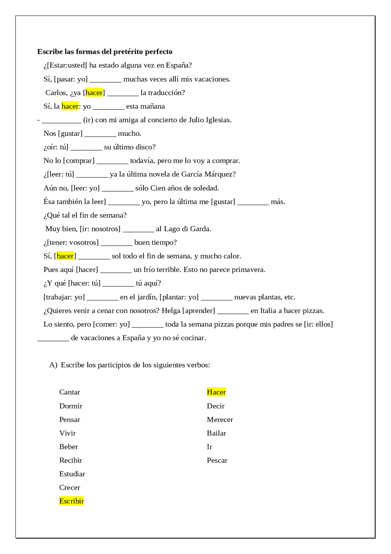 Ejercicios Pretérito perfecto - Docsity