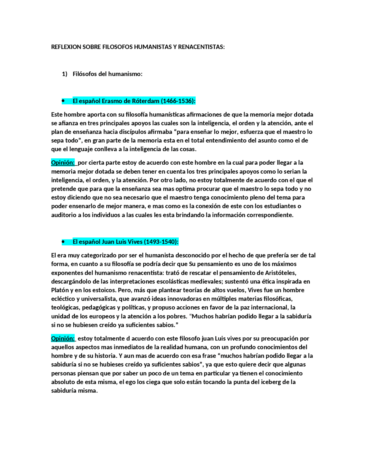 Opinión personal e algunos filósofos humanistas y renacentistas - Docsity