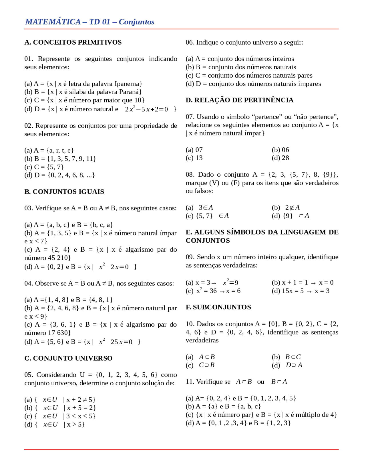 TD de Conjuntos Numéricos | Exercícios Matemática | Docsity