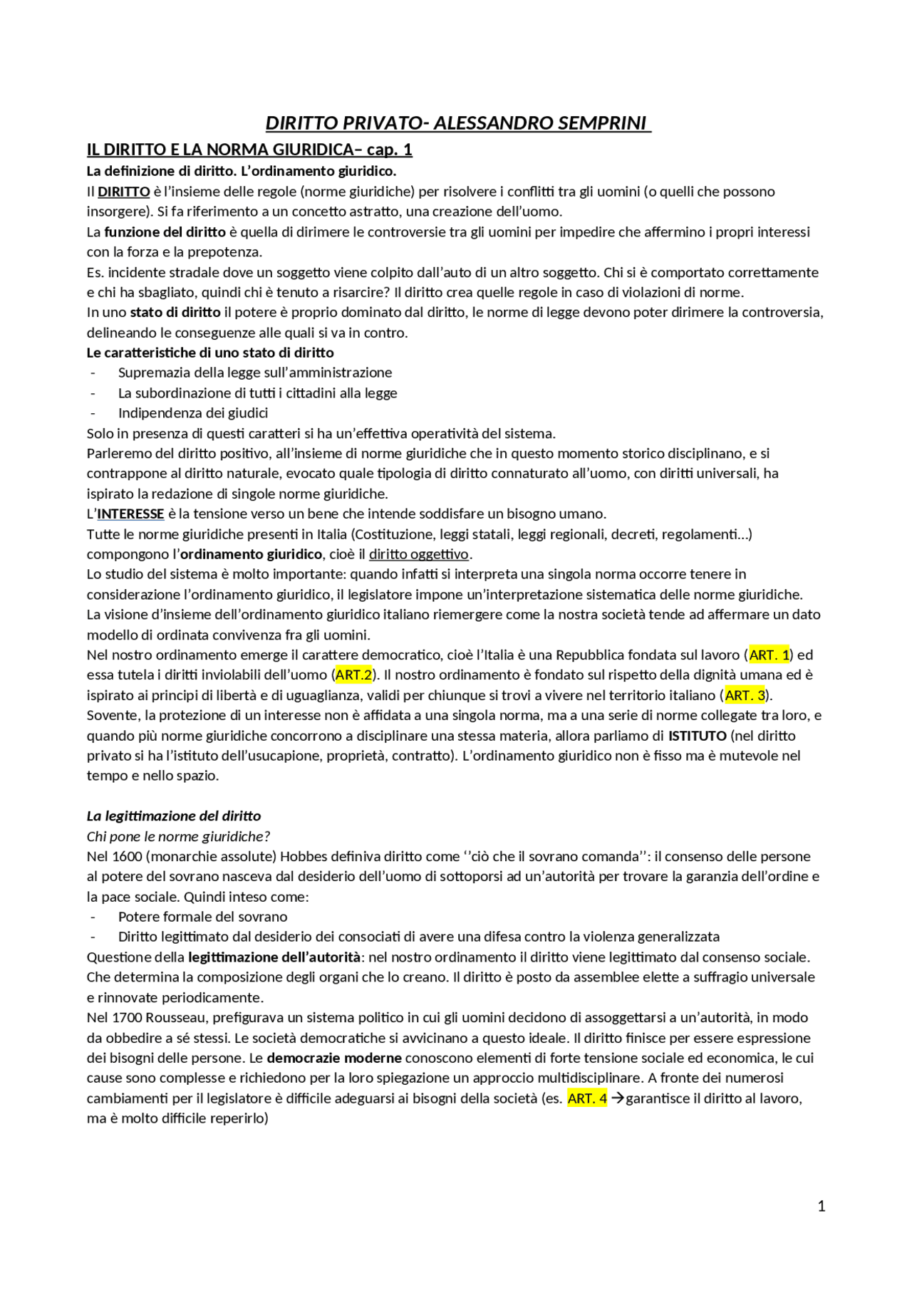 DIRITTO PRIVATO ALESSANDRO SEMPRINI 19/20 - Docsity