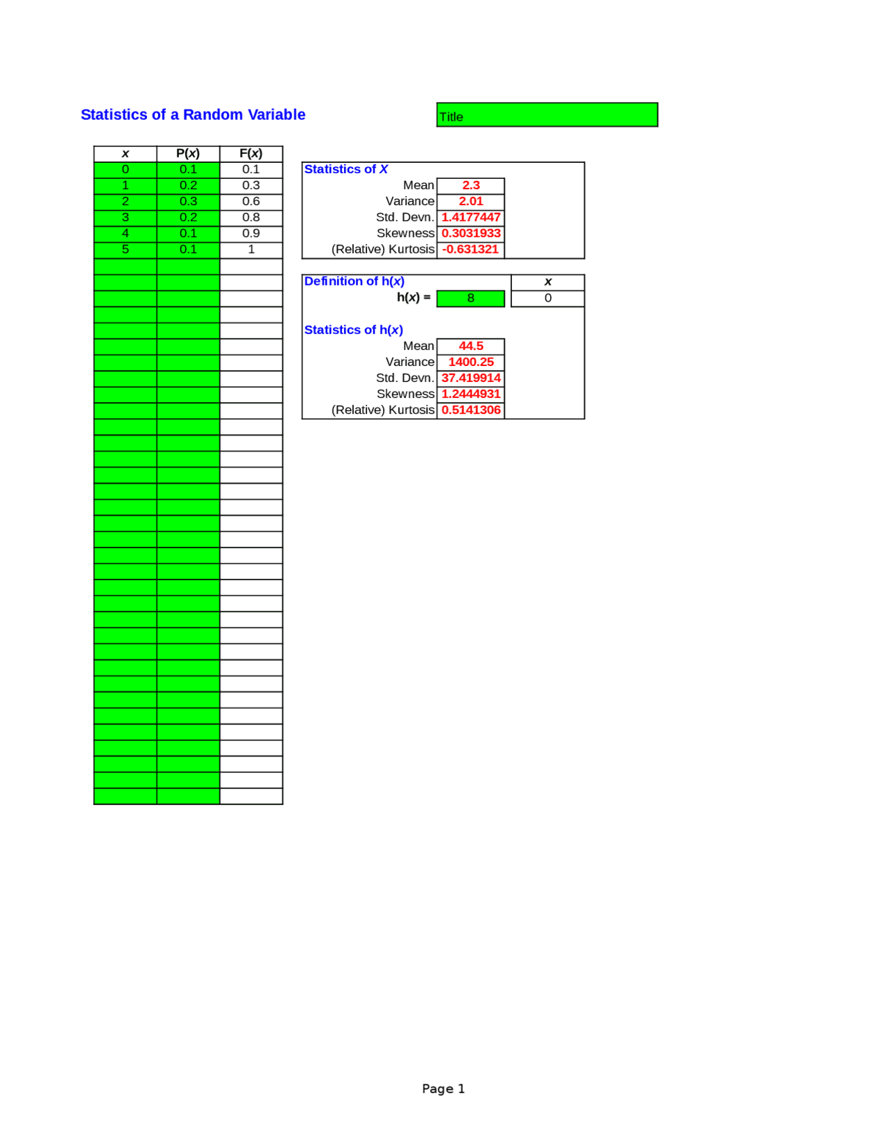 Random Variables Statistics Excel Formula Docsity