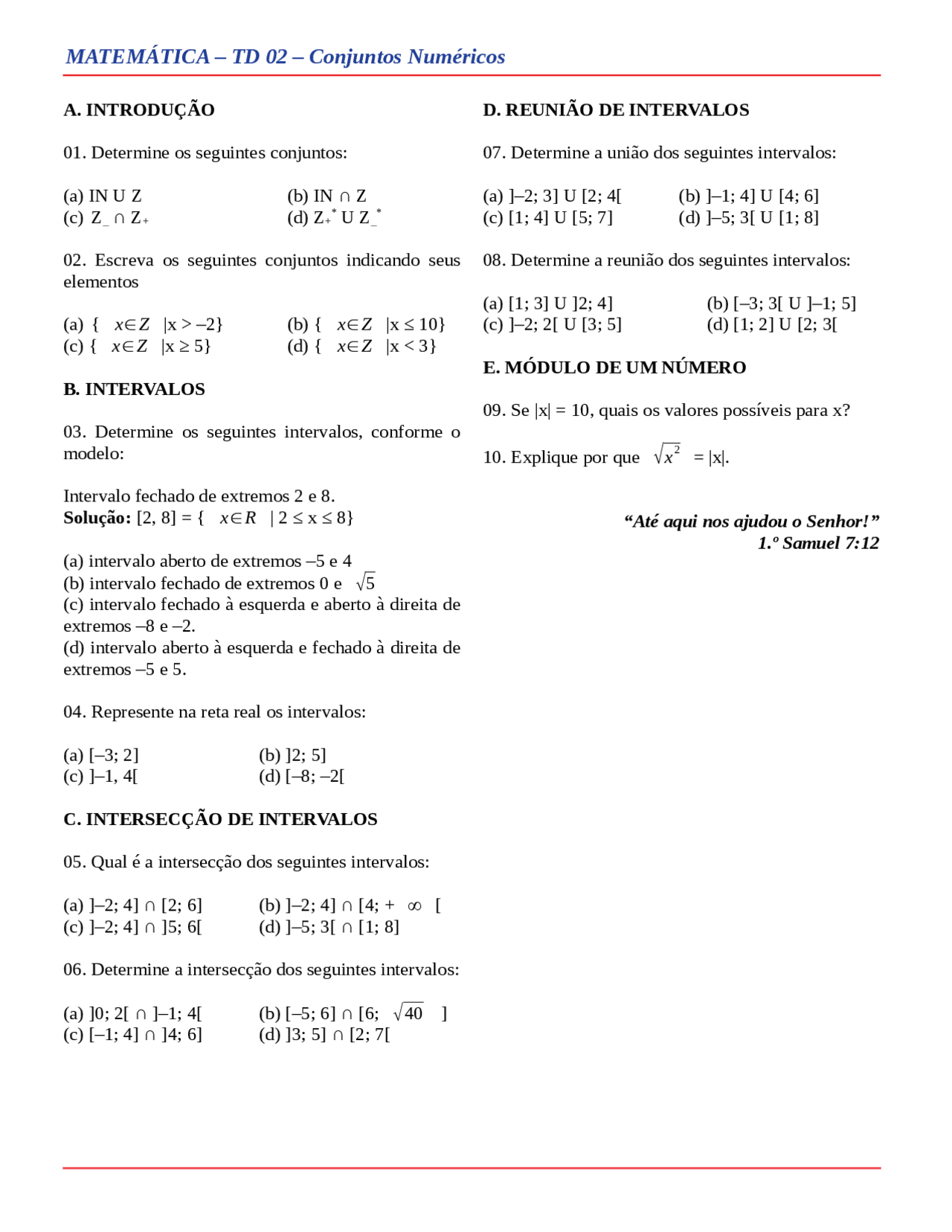 TD de Conjuntos Numéricos - Conceitos iniciais | Exercícios Matemática | Docsity