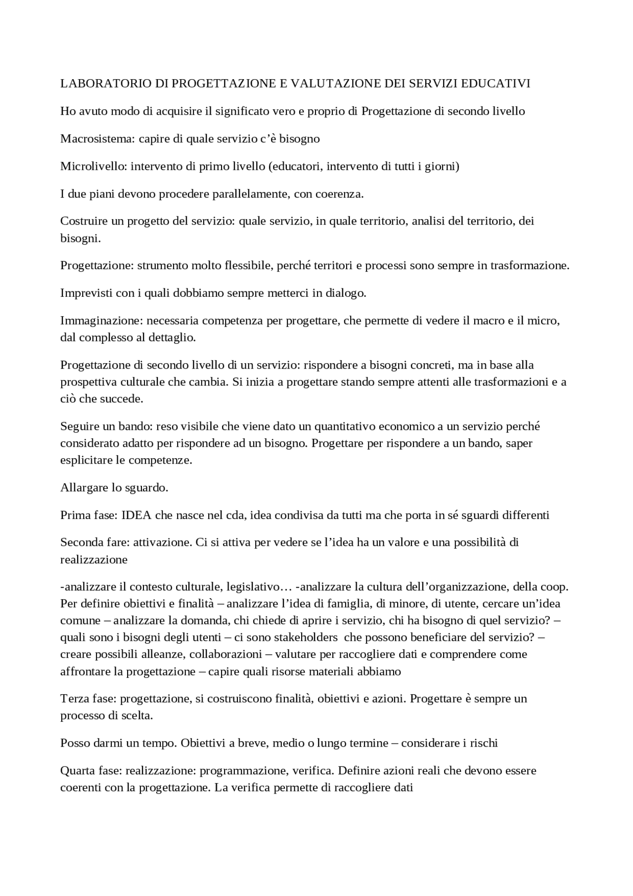 Laboratorio Di Progettazione E Valutazione Dei Servizi Educativi Docsity