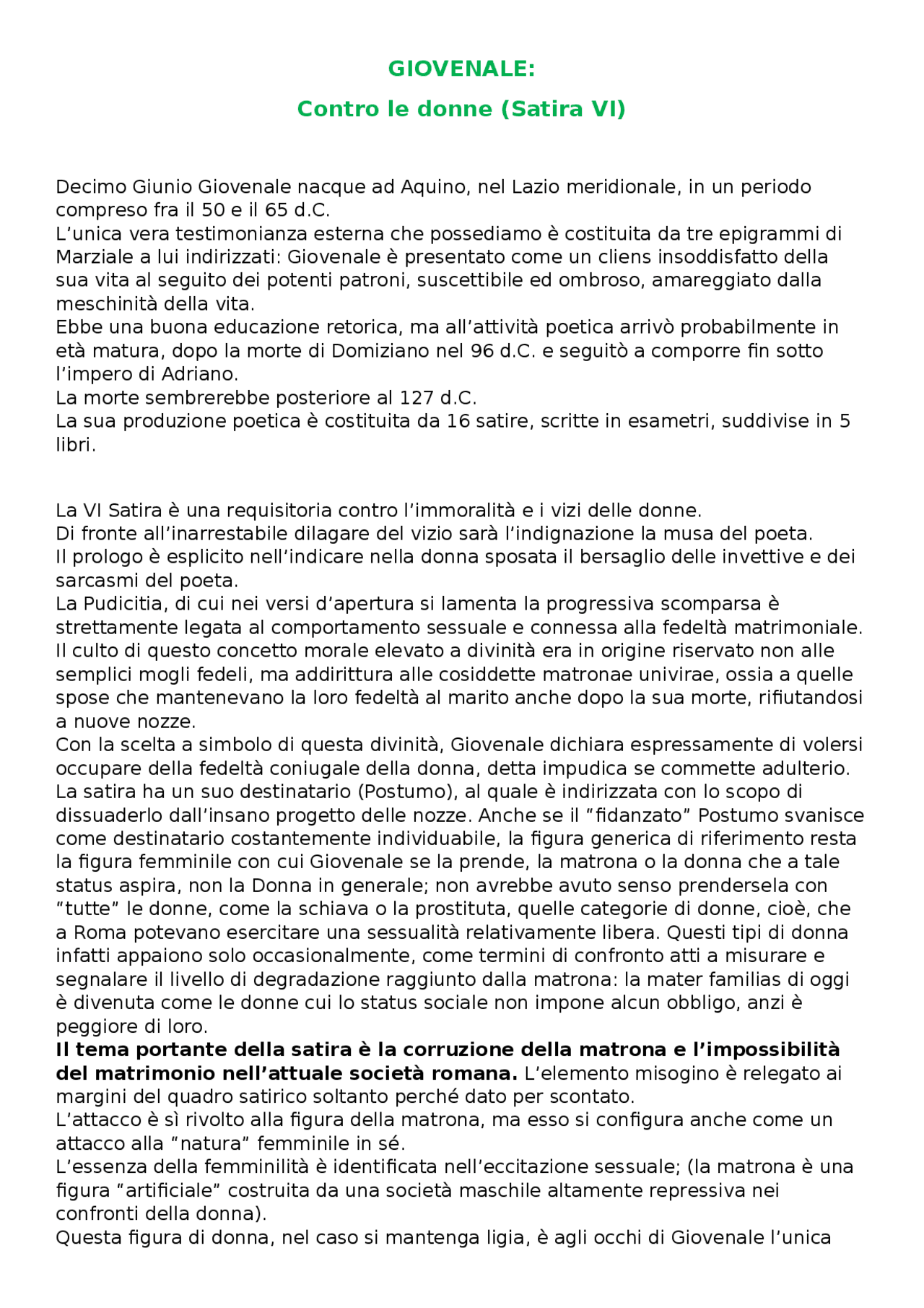 Giovenale: Contro le Donne, Satira VI - Docsity