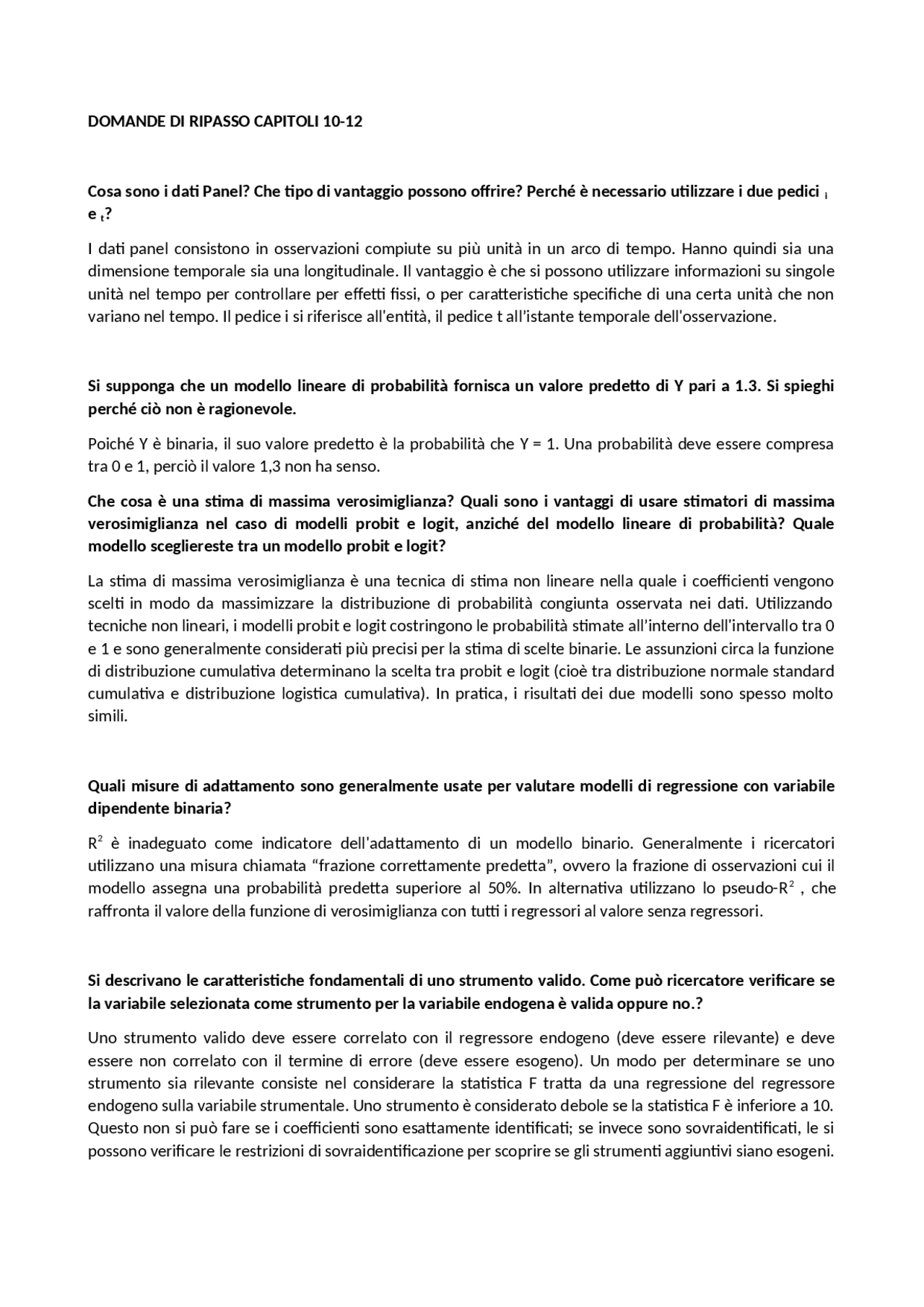 Domande Econometria Cap10 12 Appunti Di Econometria Docsity