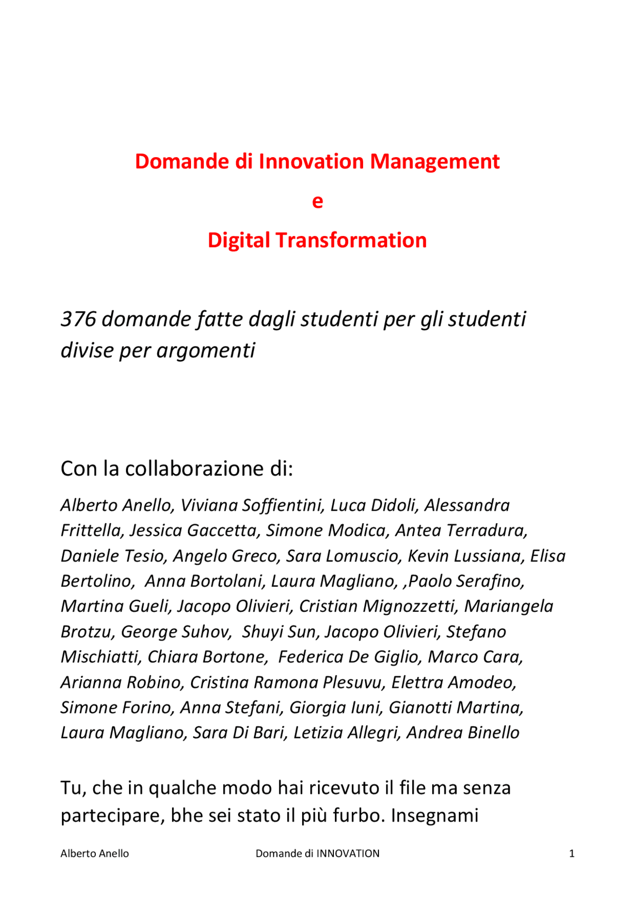 Esempi domande innovation | Appunti di Project Management | Docsity