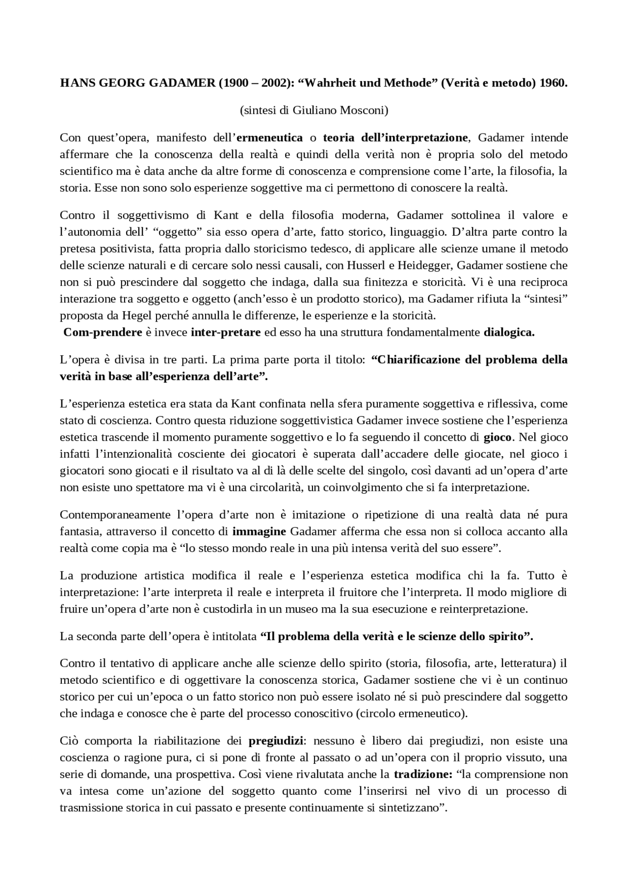Gadamer Verità è Metodo Docsity
