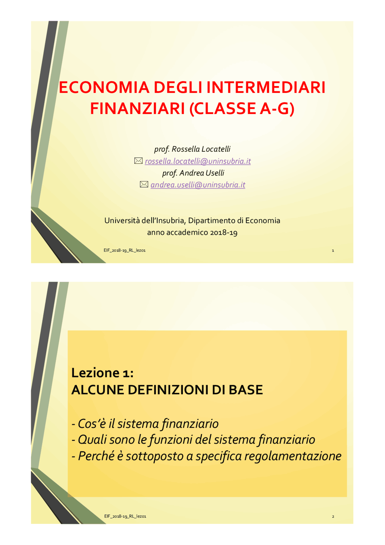 Lezione Economia intermediari finanziari - Docsity