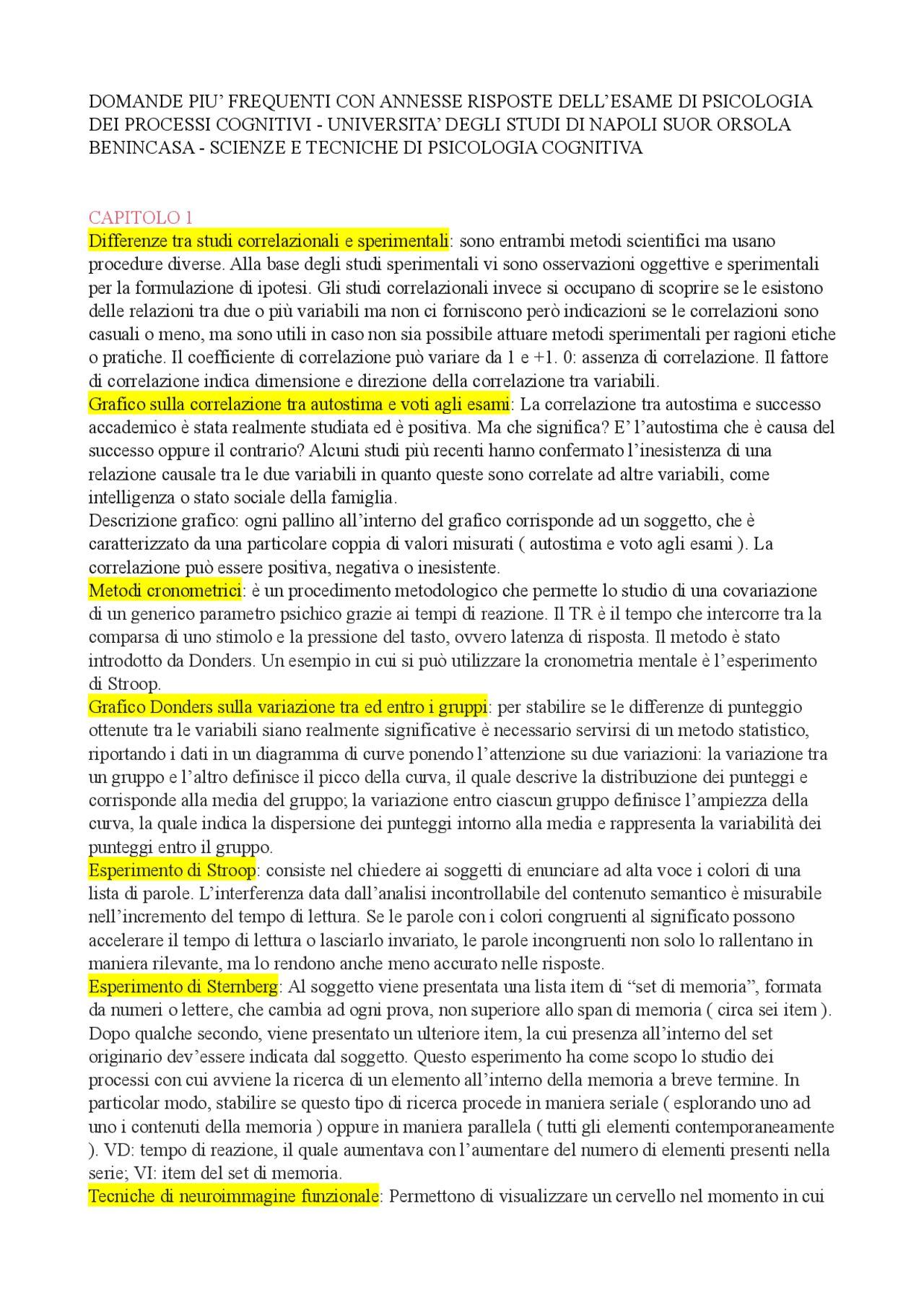 Domande E Risposte Esame Di Psicologia Dei Processi Cognitivi Docsity