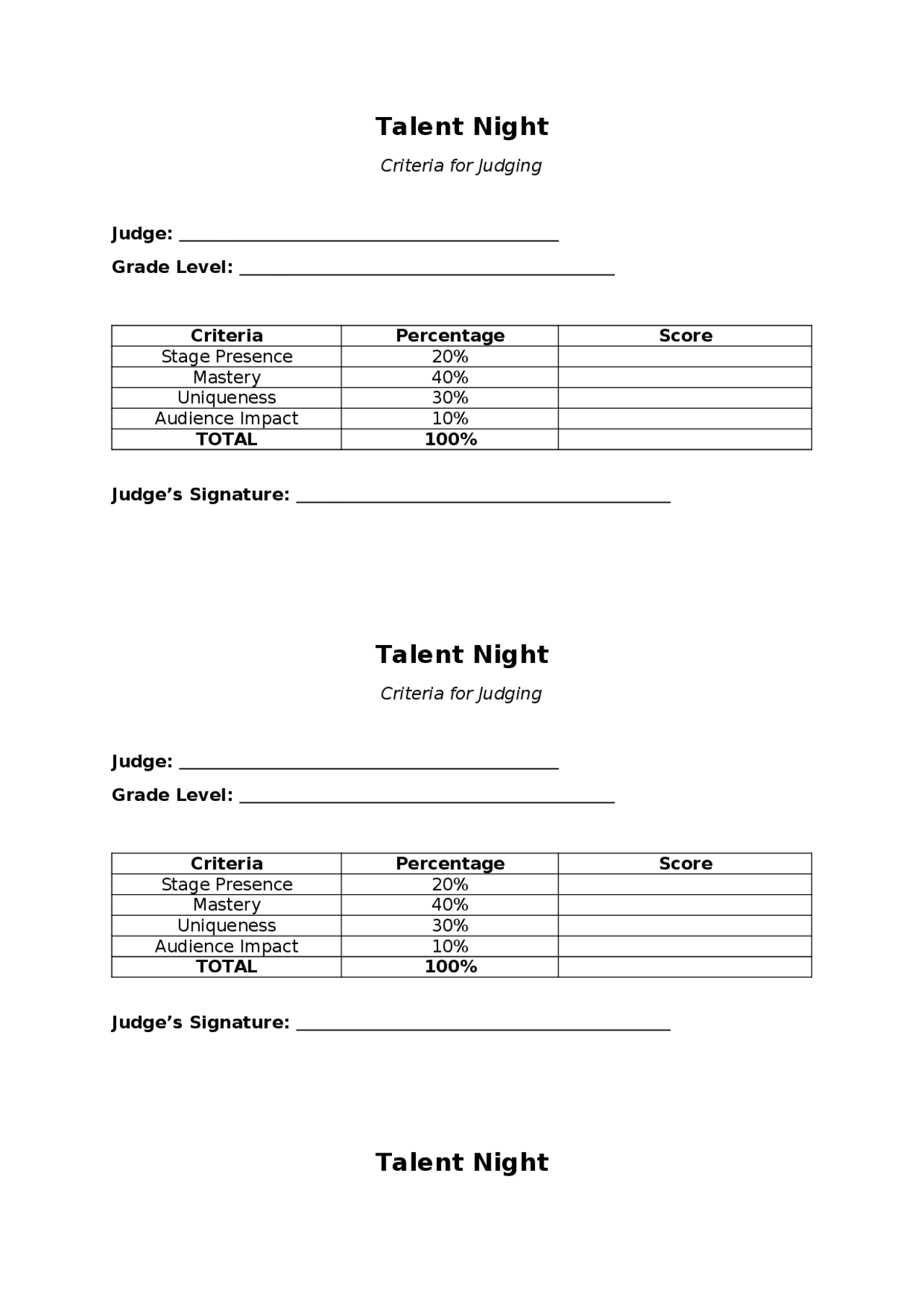Pageant Judging Form Pageant Judging Form