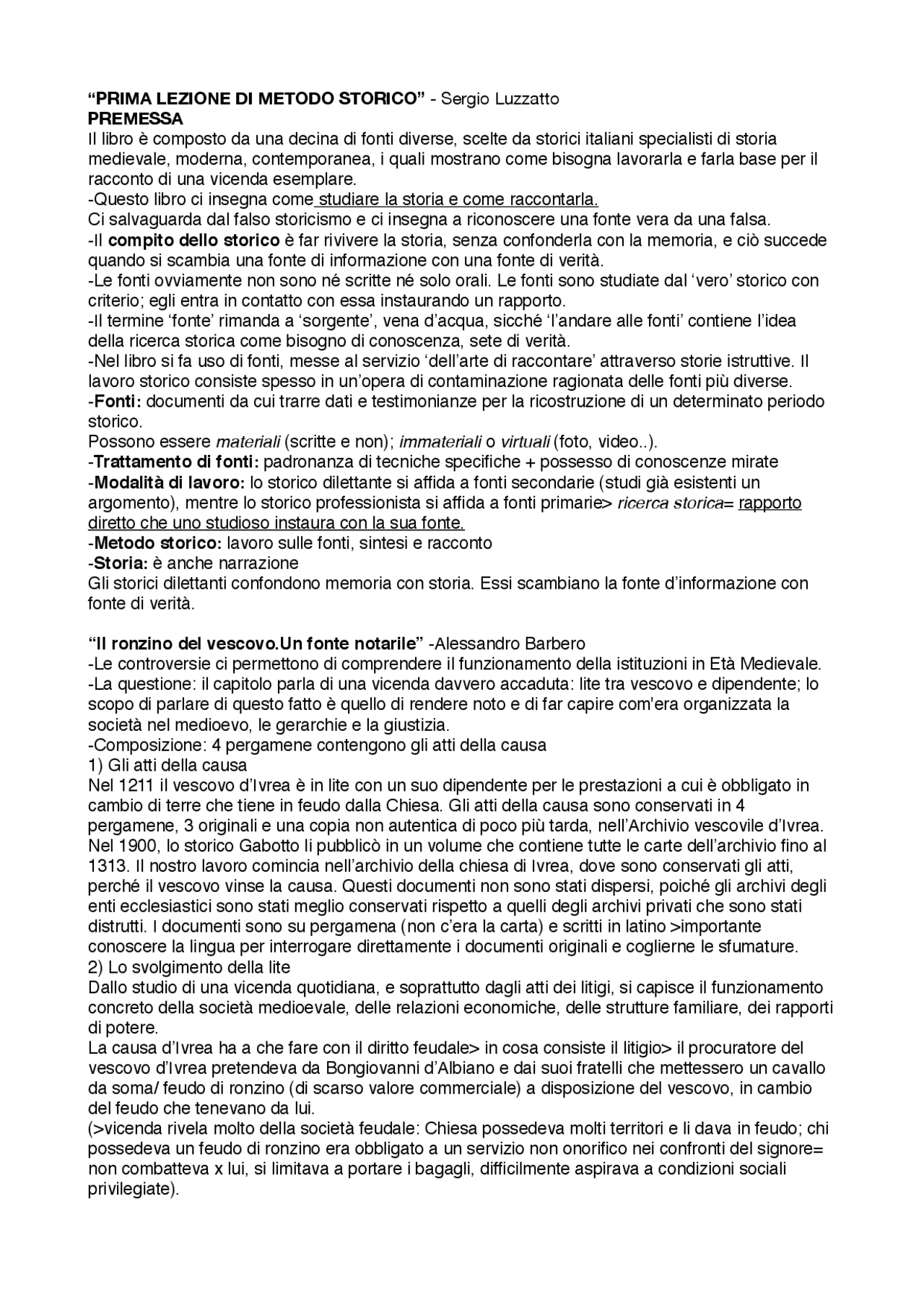 Prima lezione di metodo storico di Luzzato - Docsity