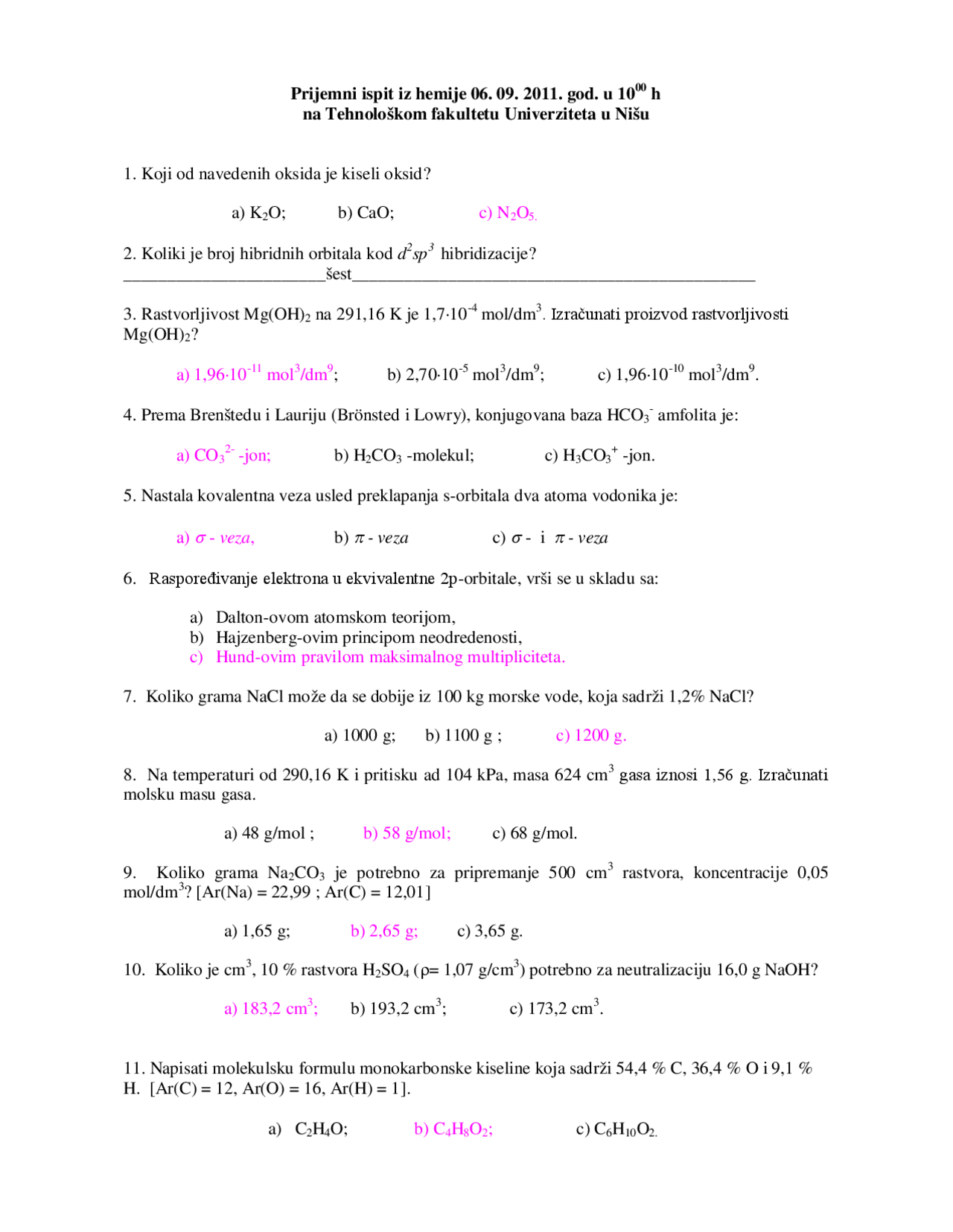 Prijemni iz Hemije: pitanja i odgovori | Tehnološki fakultet Leskovac | Prijemni ispiti' predlog ...