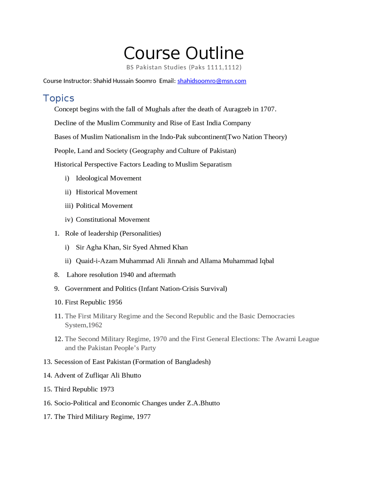 Course Outline Pakistan Studies for Under Grad | Schemes and Mind Maps ...