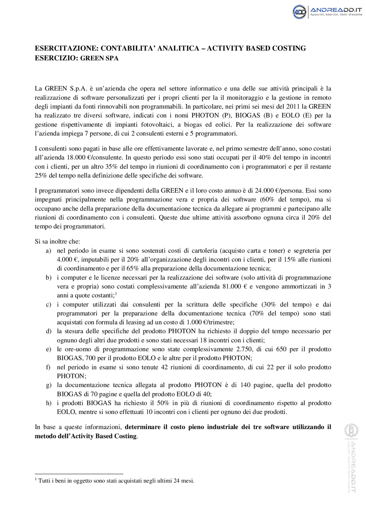 Esercizi ABC di programmazione e controllo - Docsity