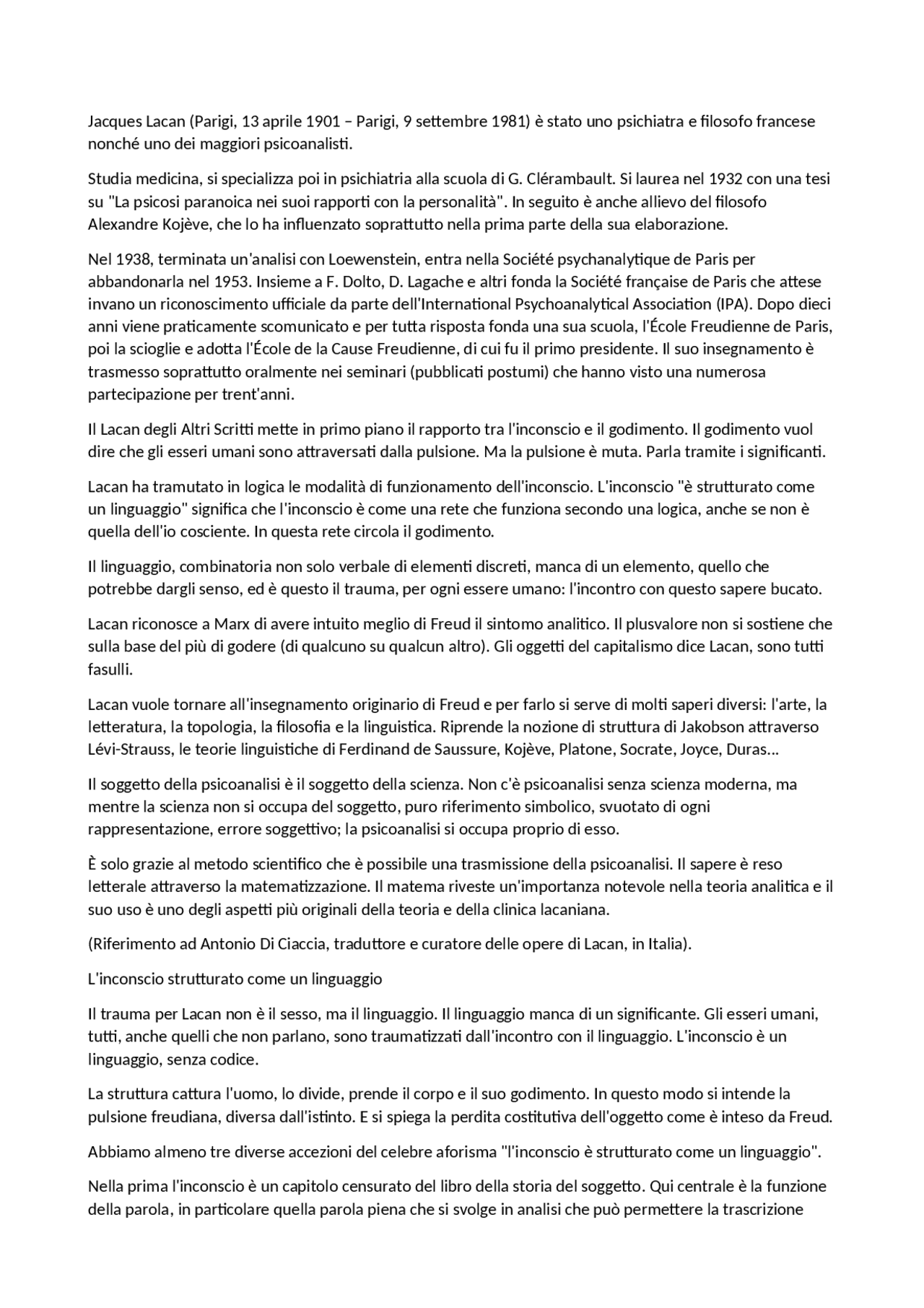 Jacques Lacan Appunti Docsity