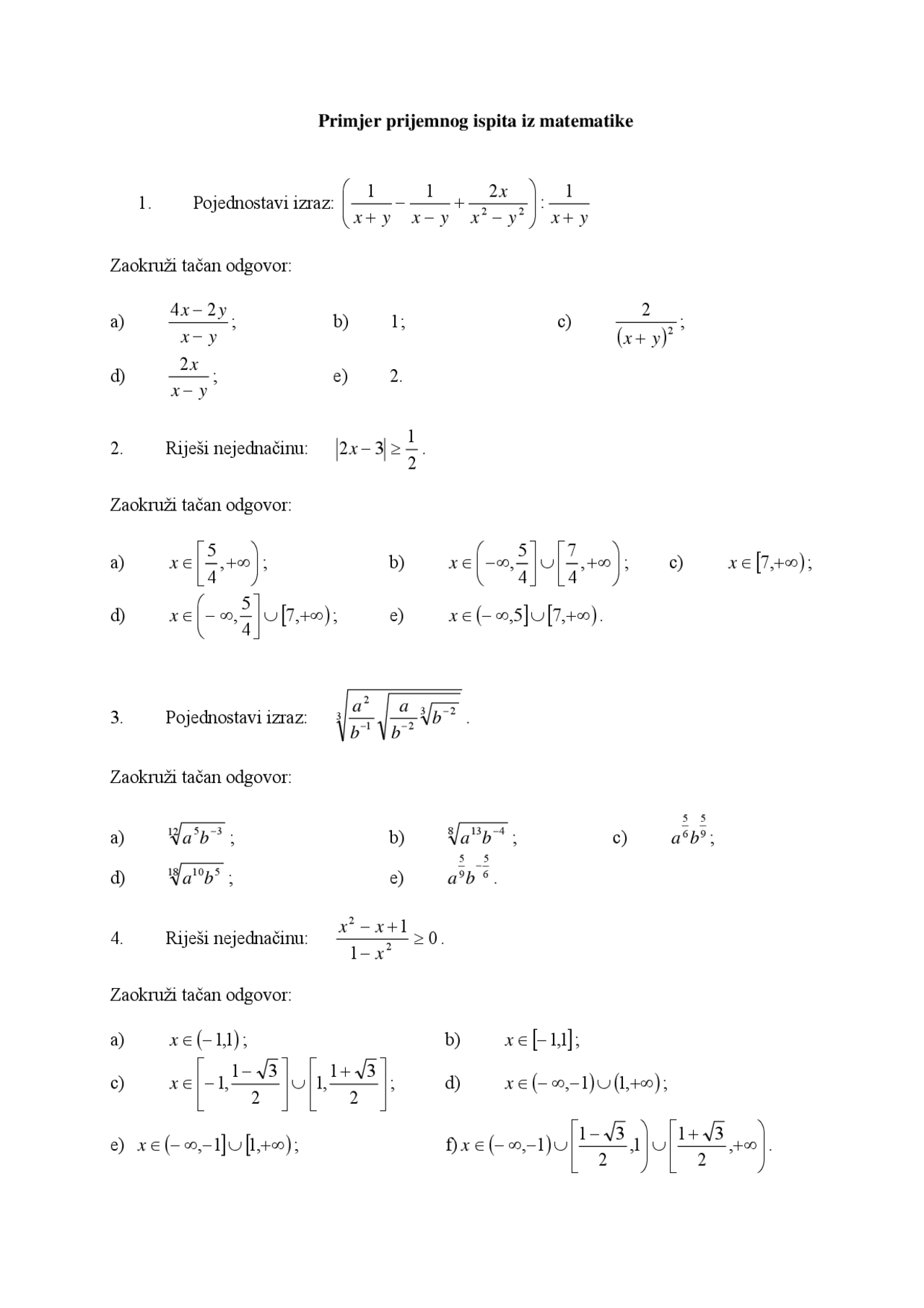 Primjer prijemnog ispita iz matematike sa rešenjima | Prijemni ispiti' predlog Matematika - Docsity